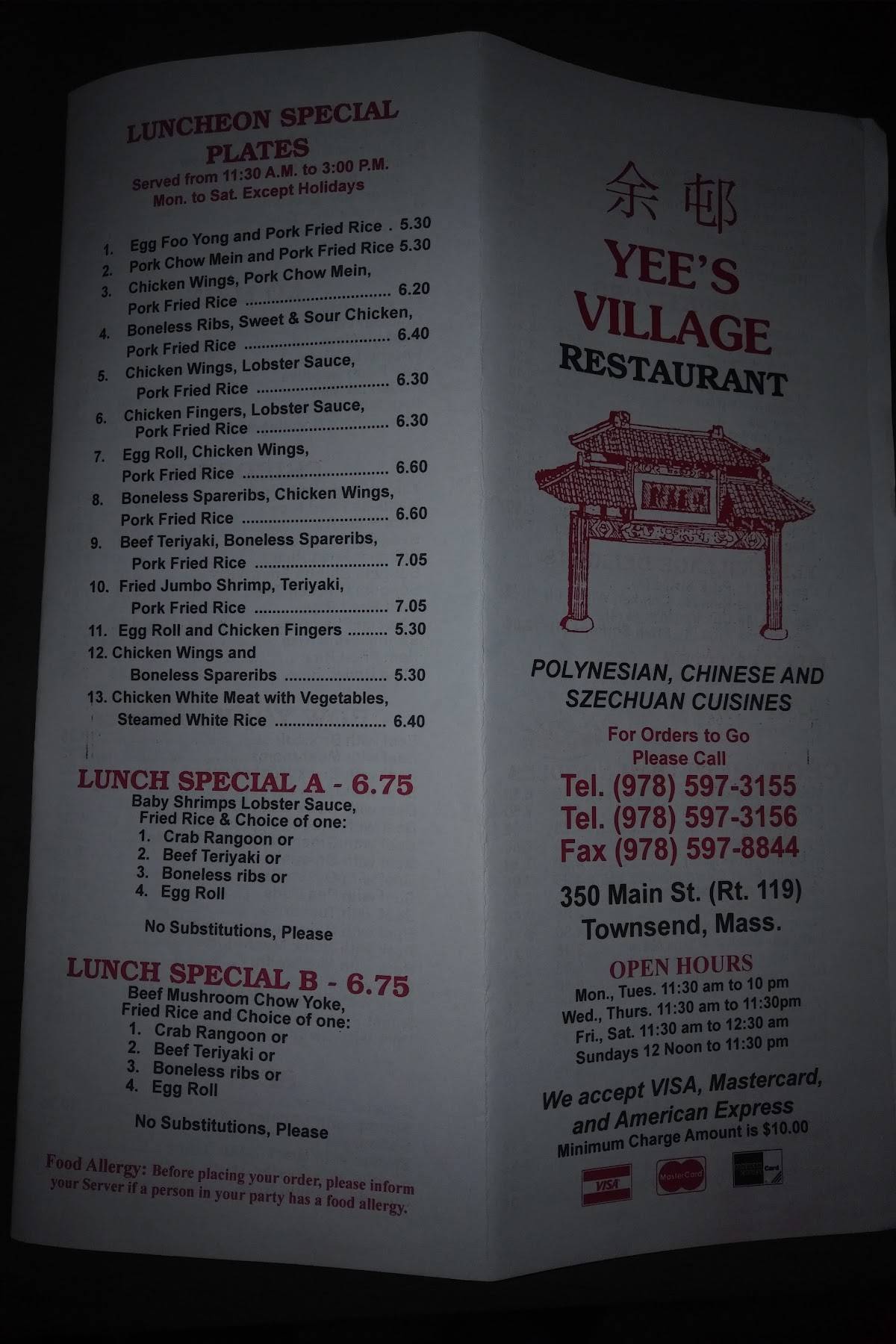 Menu at Yee's Village restaurant, Townsend, 350 Main St