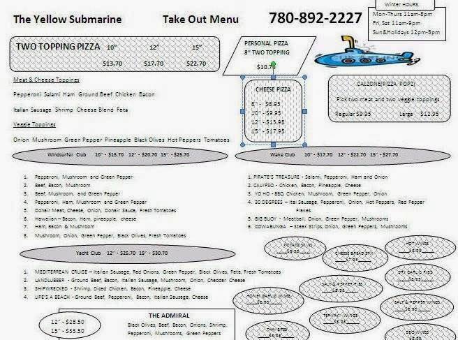 Menu at Yellow Submarine pizzeria, Wabamun