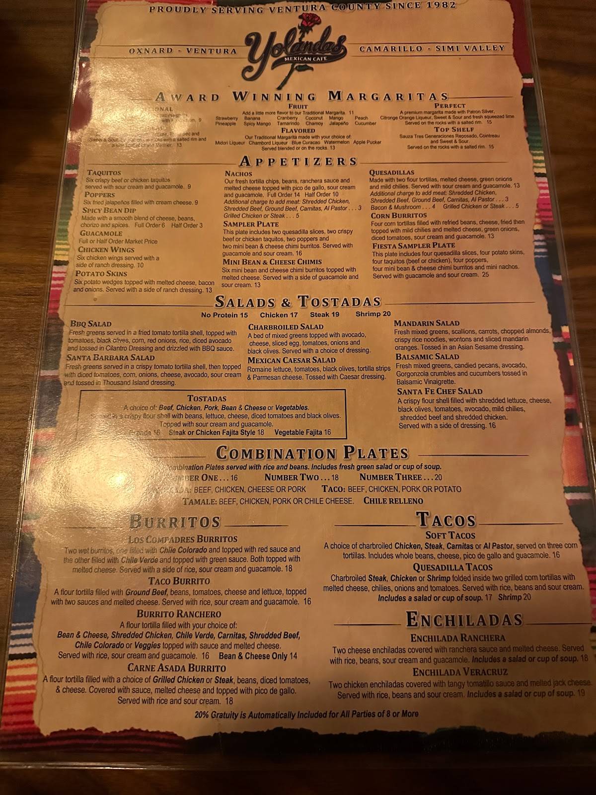Menu at Yolanda's Mexican Café restaurant, Ventura, E Main St