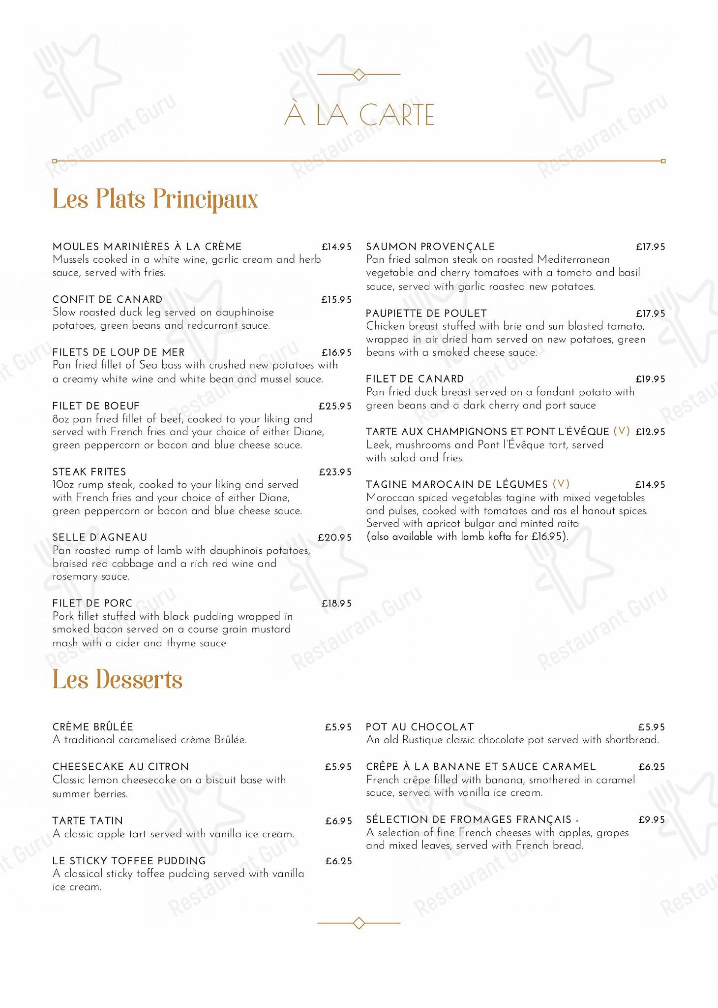 Menu at Rustique Restaurant, York, 28 Castlegate