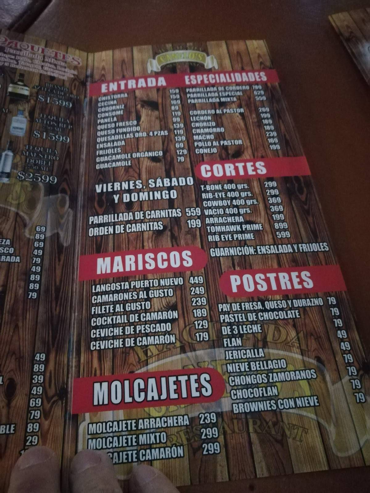 Carta del restaurante Hacienda Canelos, Zapopan