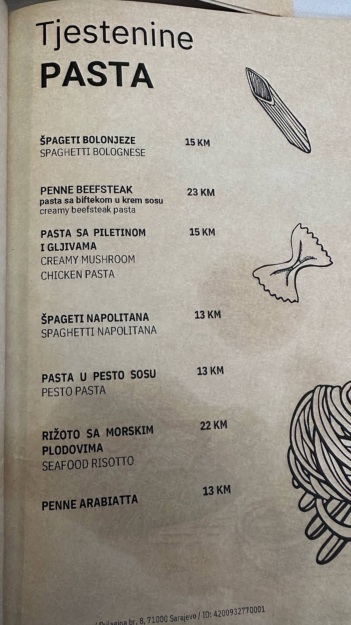 Menu at Zembilj Steak House restaurant, Sarajevo