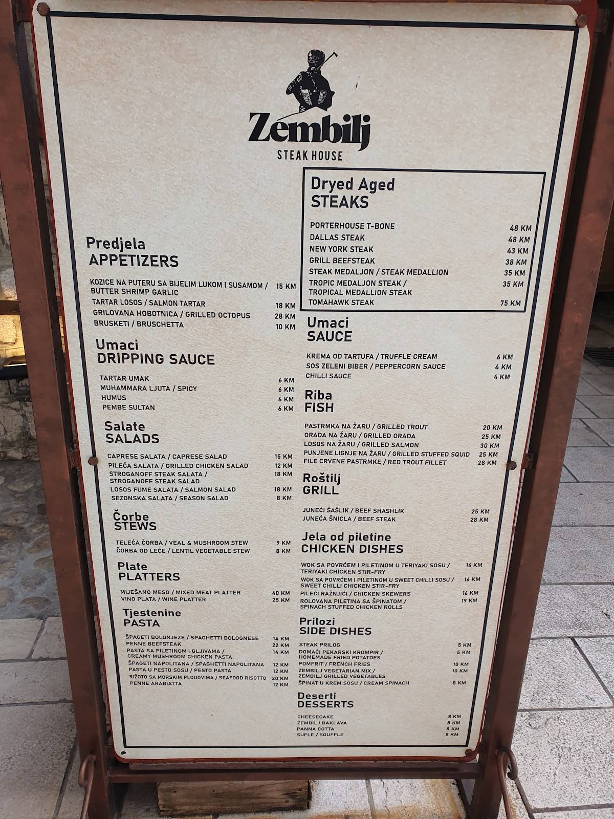 Menu at Zembilj Steak House restaurant, Sarajevo