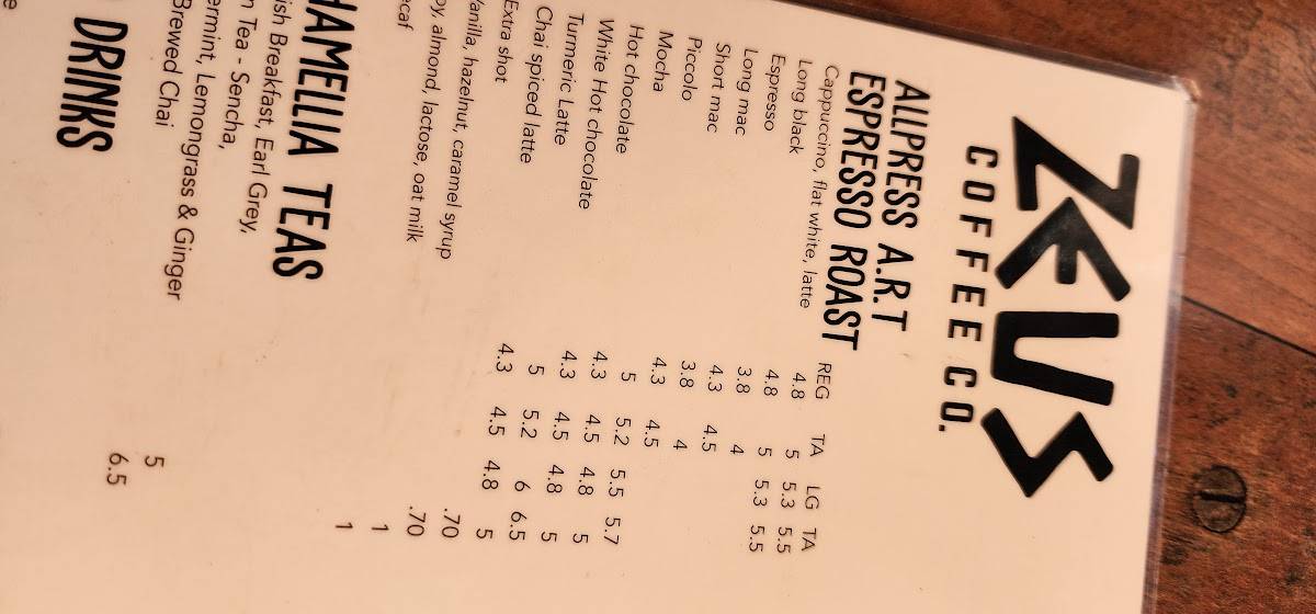 Menu at Zeus Coffee Co. cafe, Benalla