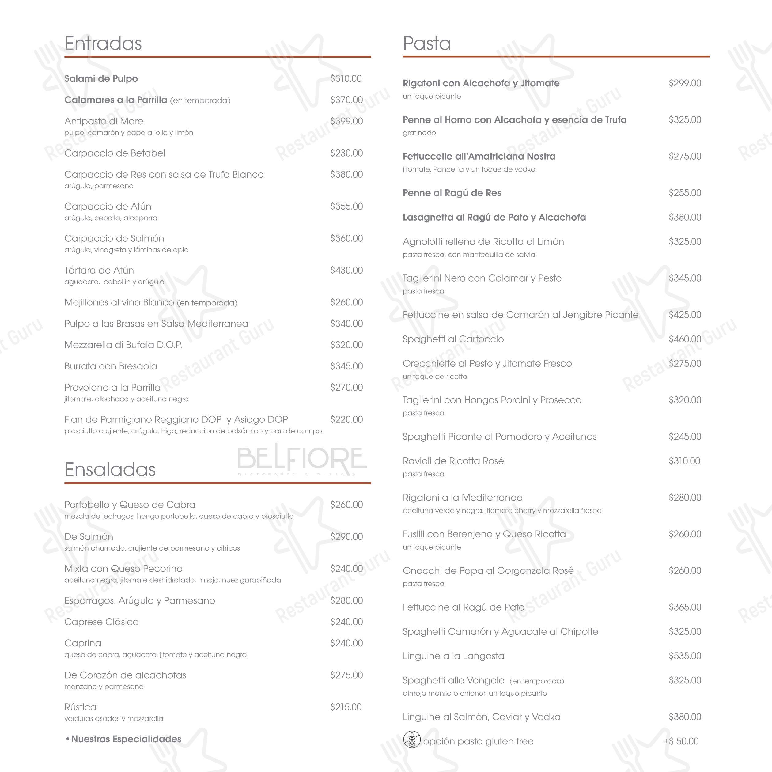 Carta del restaurante Belfiore, Ciudad del México