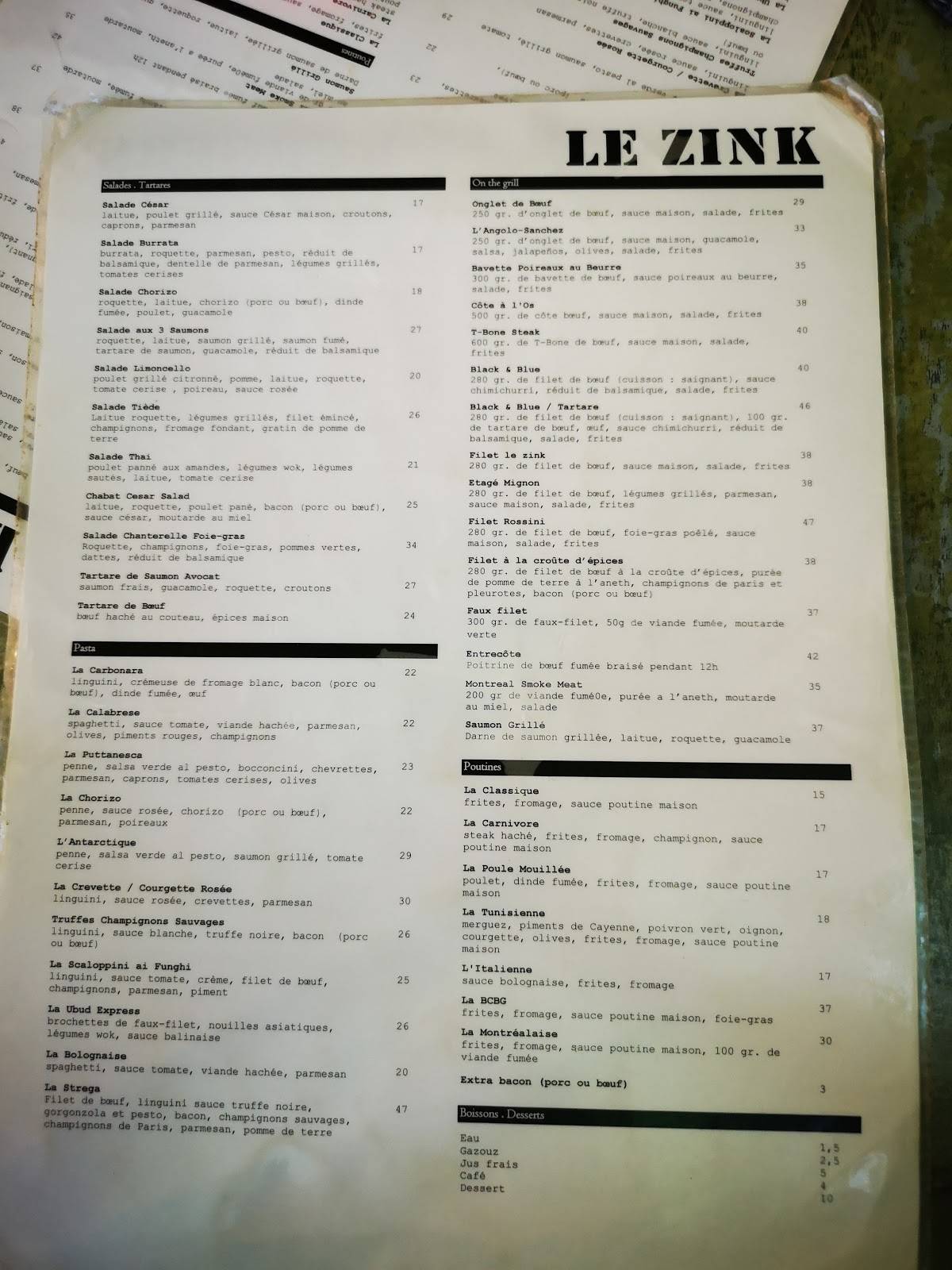 Speisekarte von le zink restaurant, Tunis, 1 Ben Mahmoud 1004