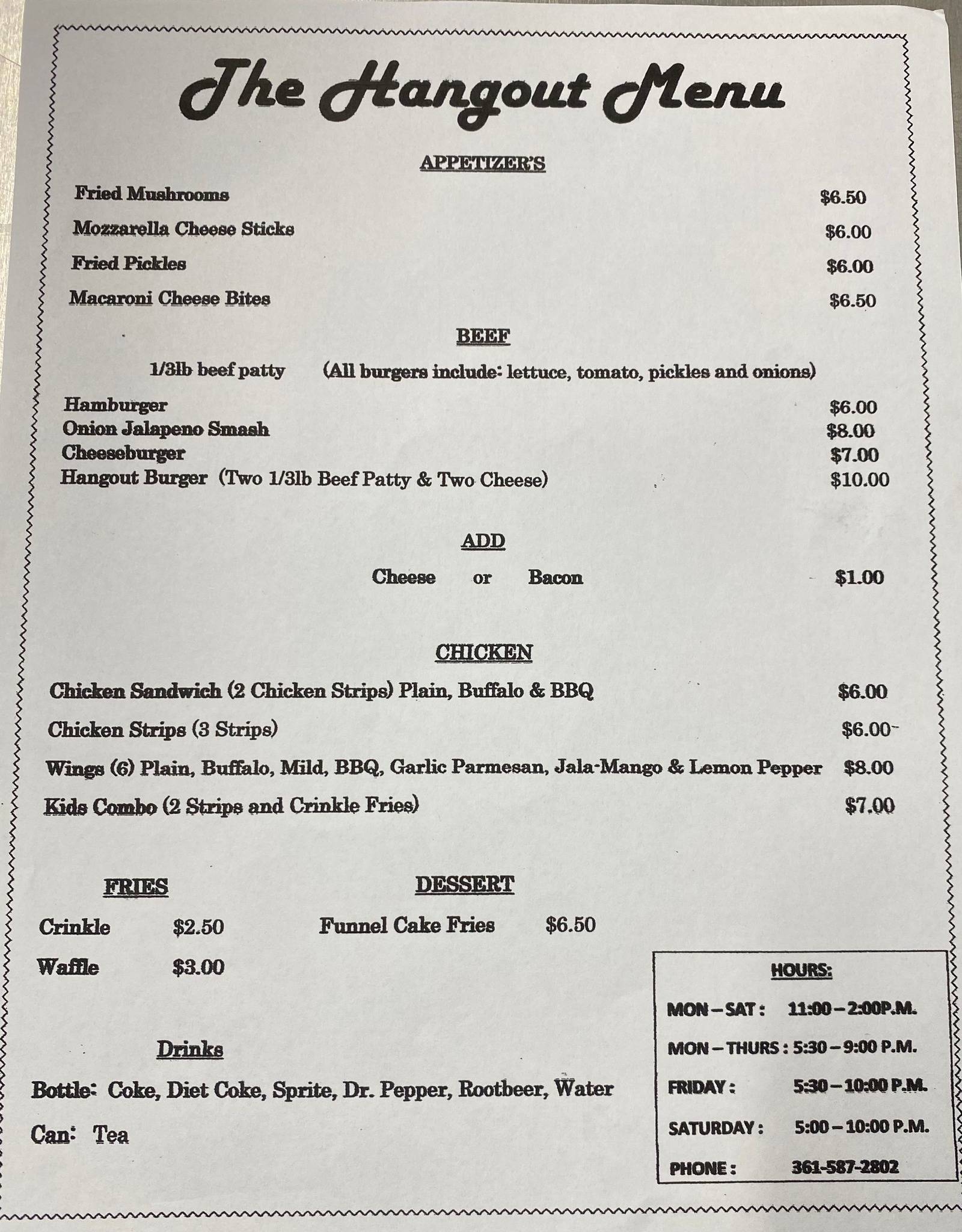 Menu at the Hangout restaurant, Odem