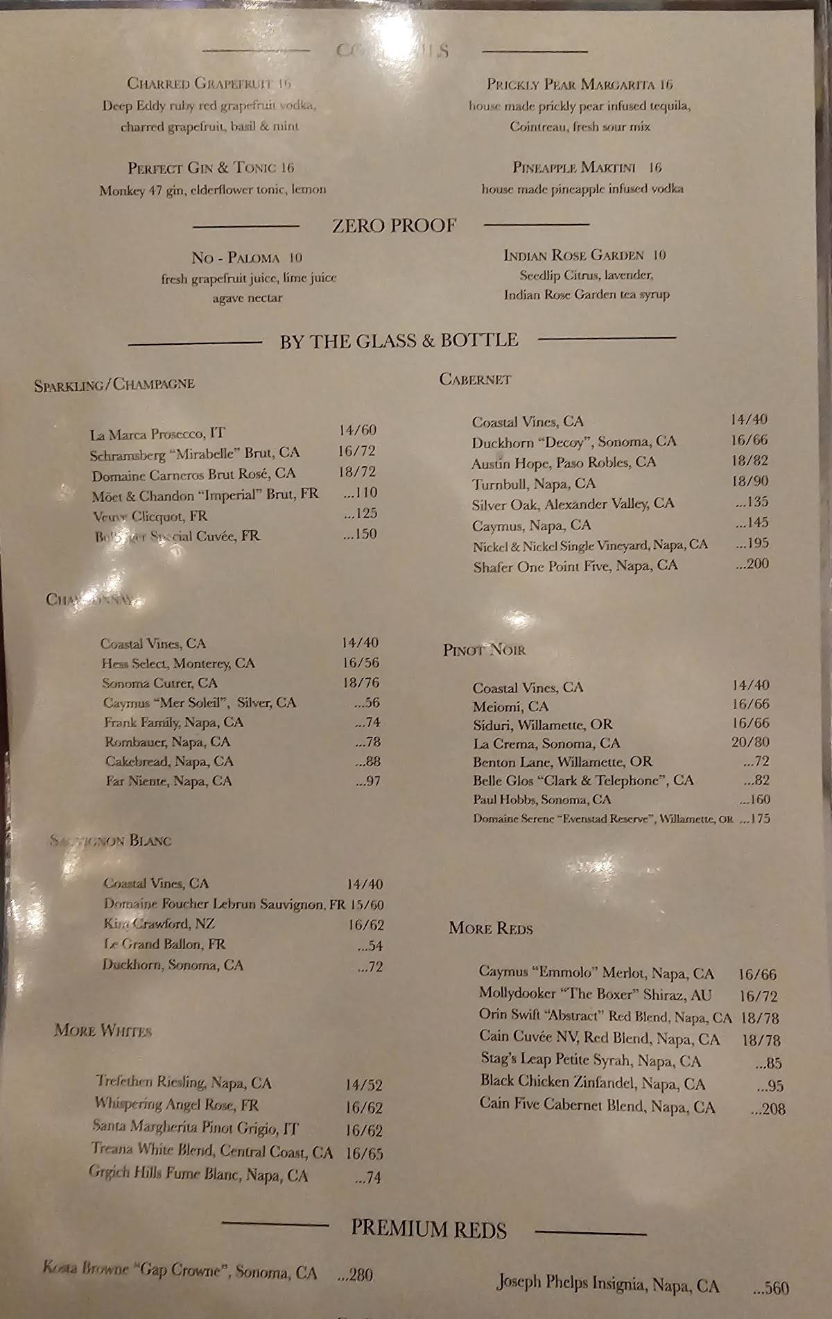 Menu at the River House restaurant, Palm Beach Gardens, PGA Boulevard
