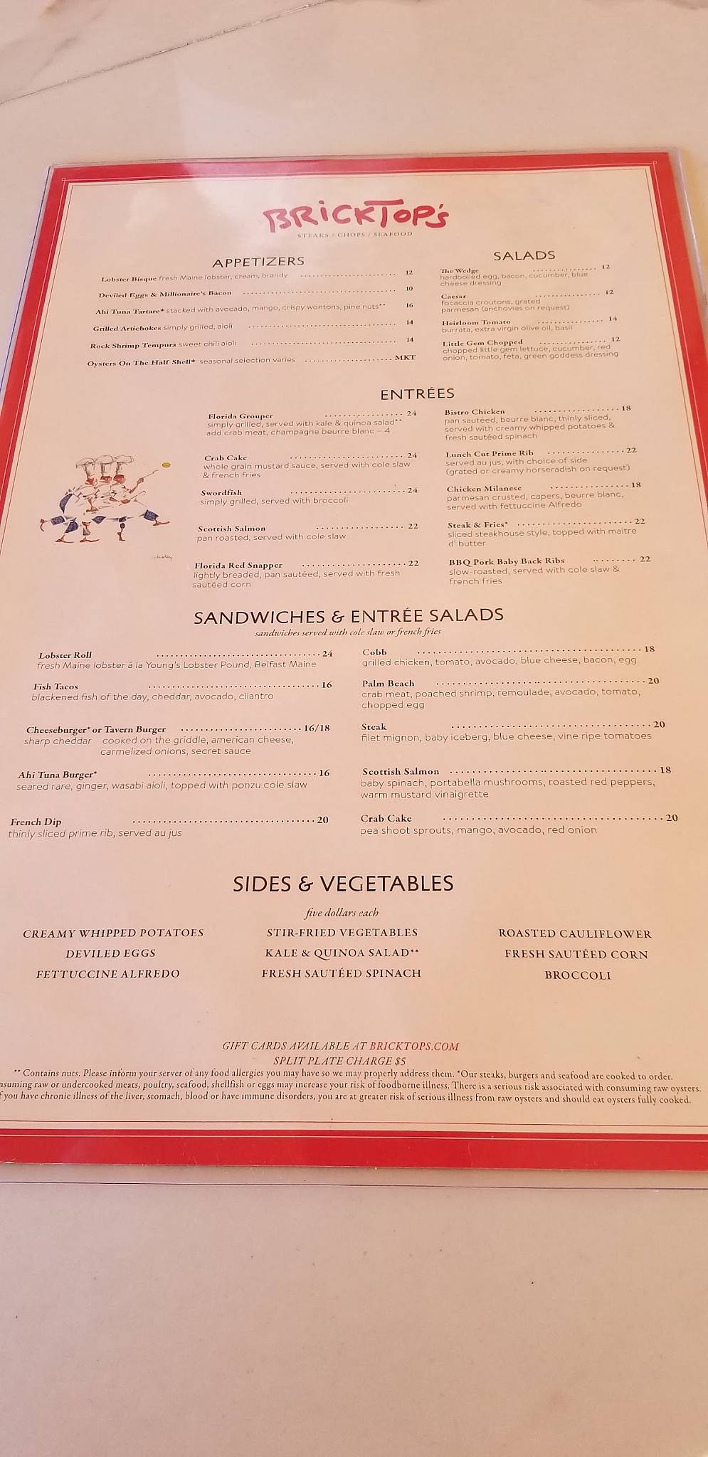 Menu at the River House restaurant, Palm Beach Gardens, PGA Boulevard