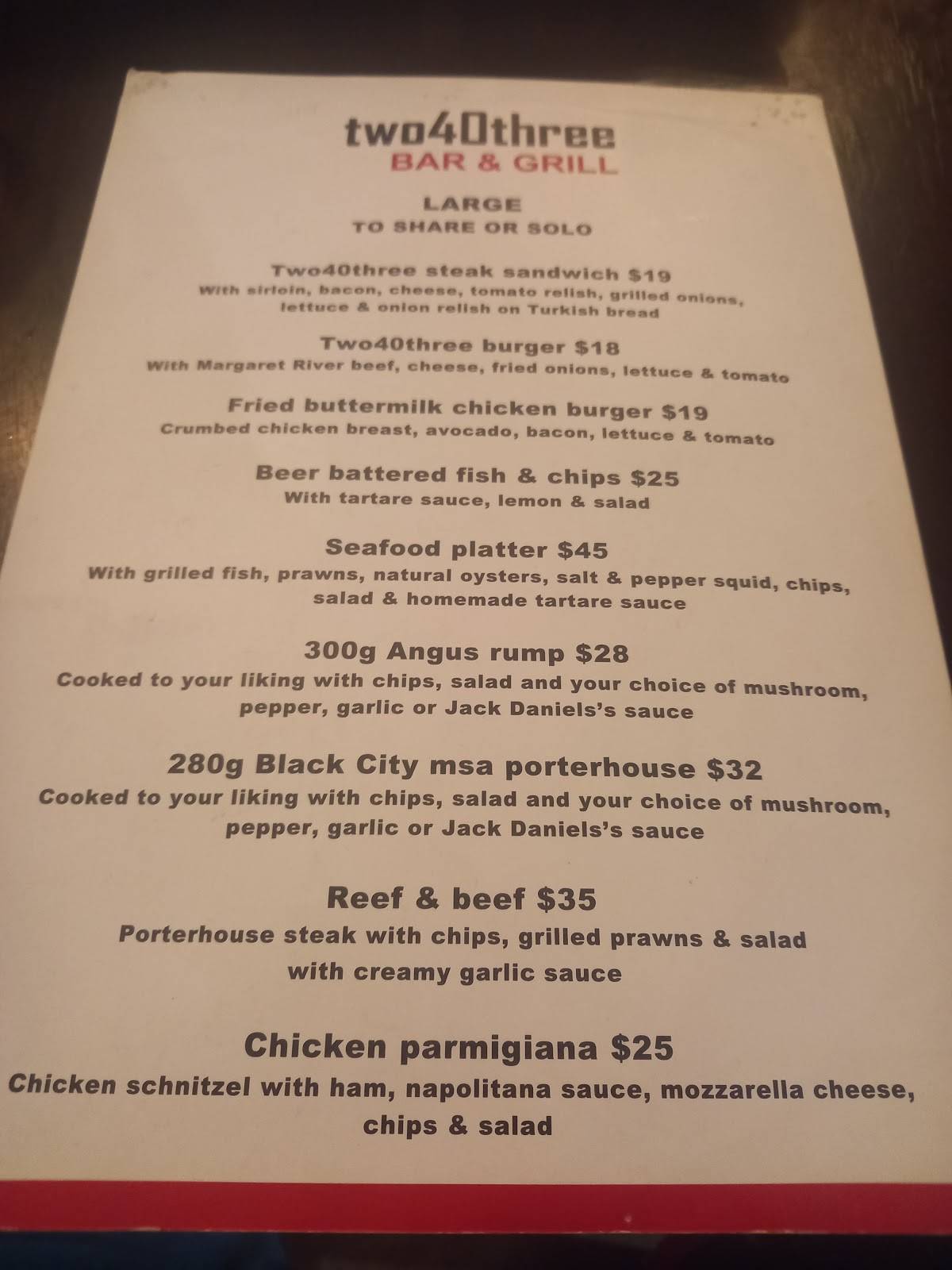 Menu at two40three Bar & Grill, Morley
