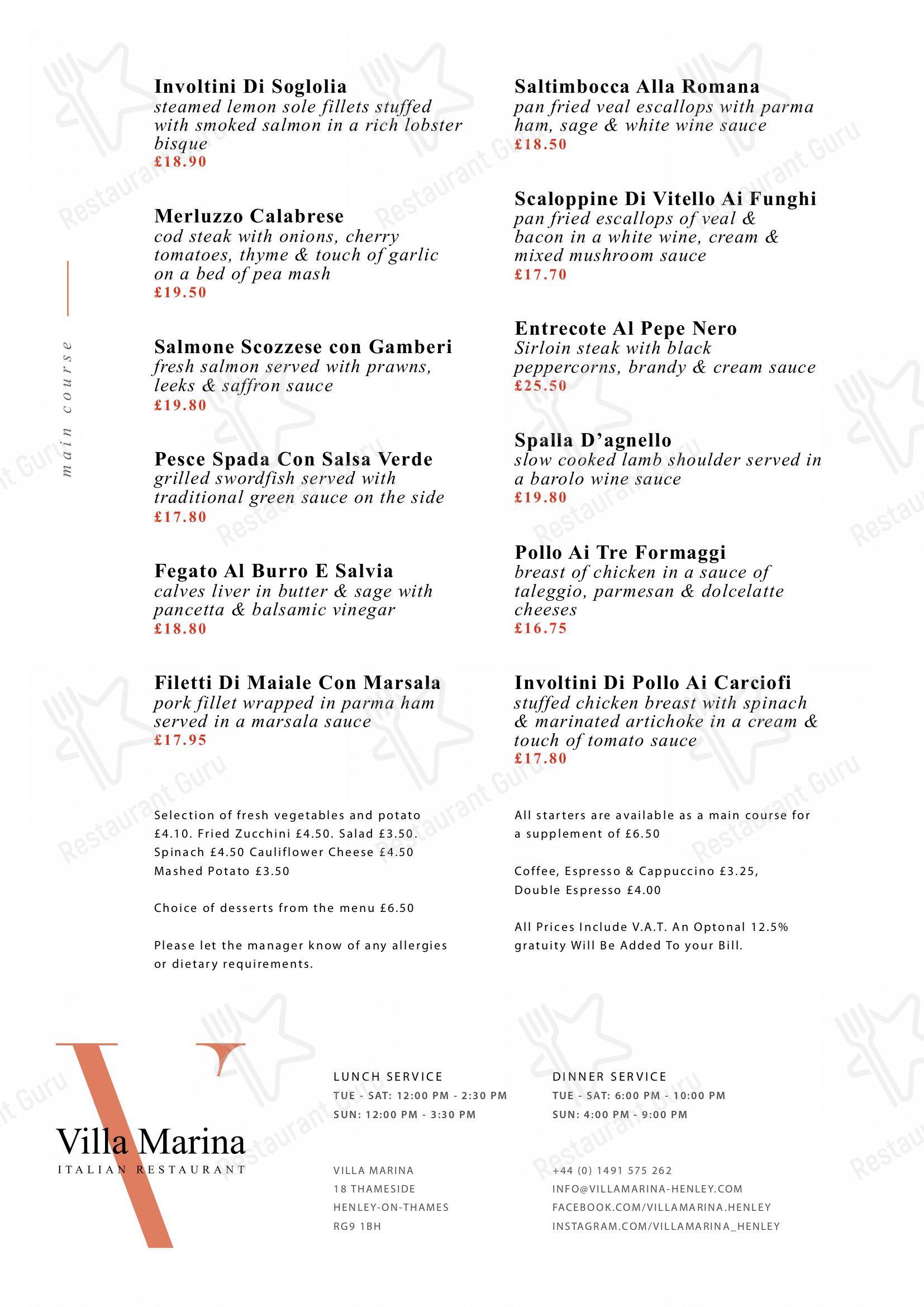 Menu at Villa Marina restaurant, Henley-on-Thames