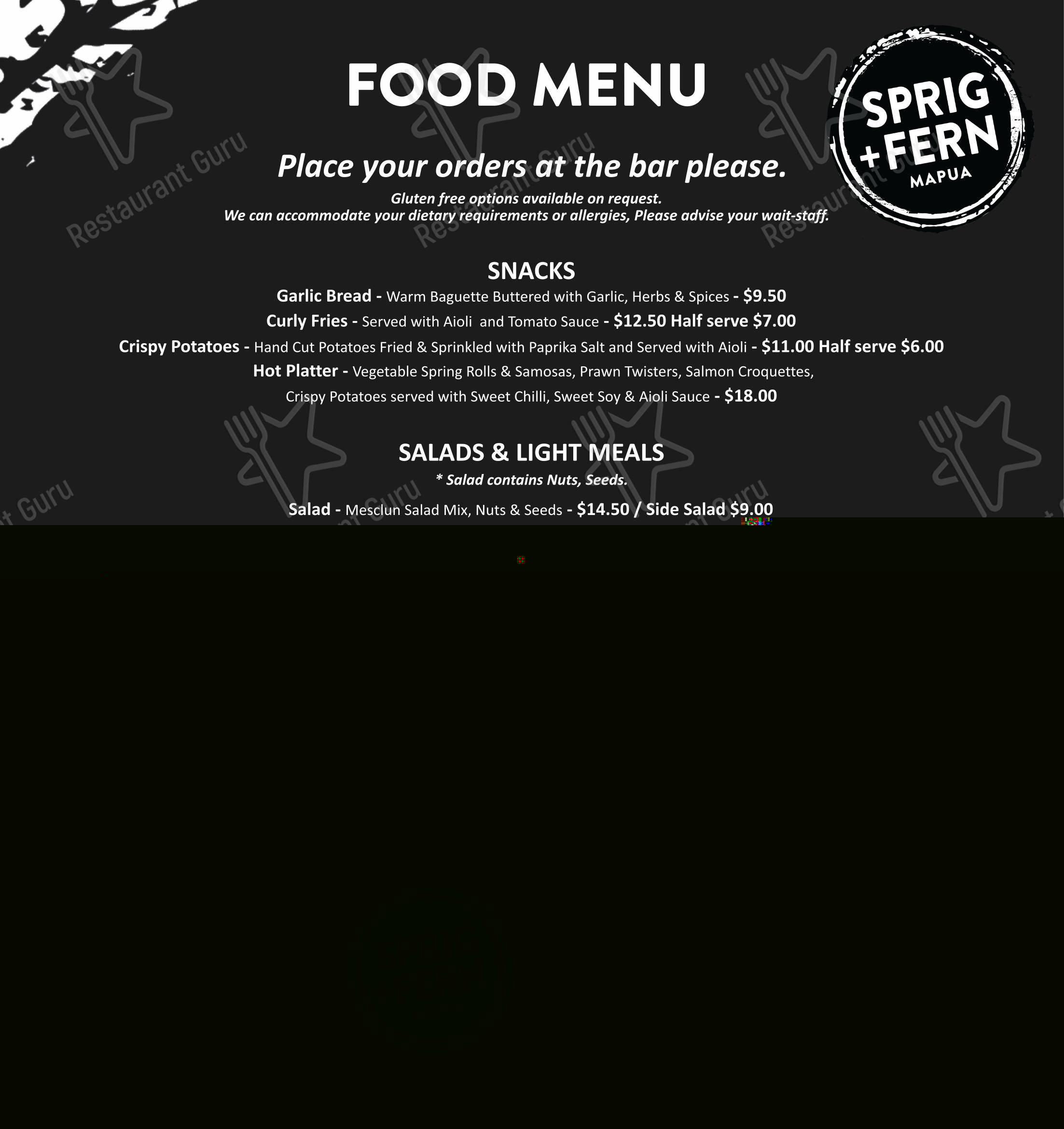 Menu at Sprig + Fern Mapua pub & bar, Mapua, 67 Aranui Rd