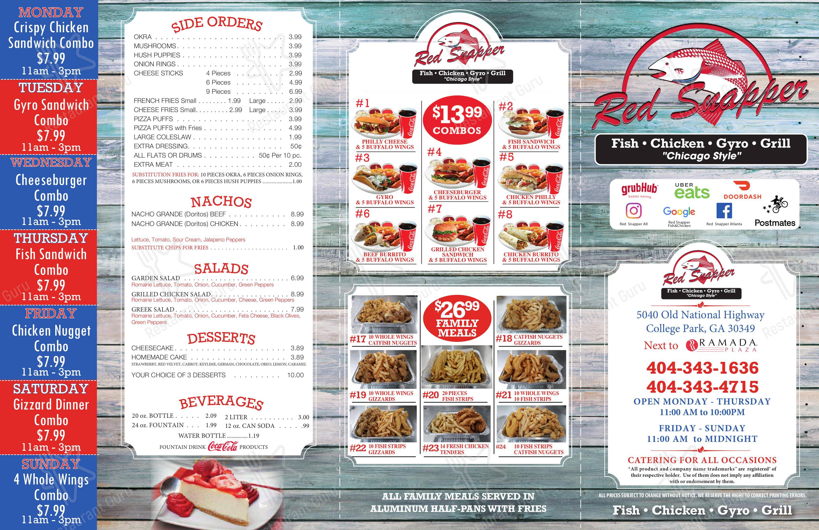 Menu at red snapper fish & chicken restaurant, Hapeville