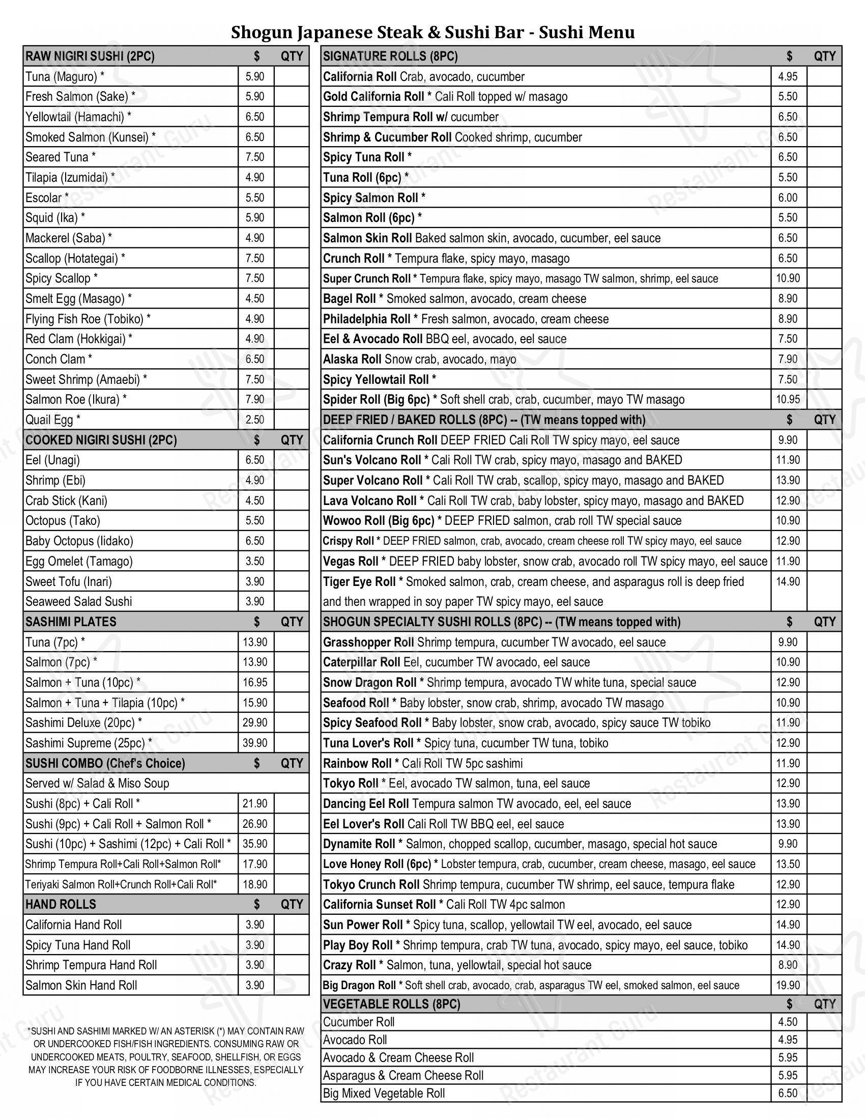 Menu at Shogun Japanese Steak House restaurant, Flowery Branch