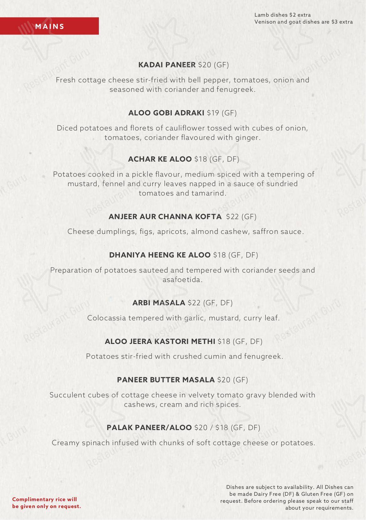 Menu at Rasoi restaurant, Napier