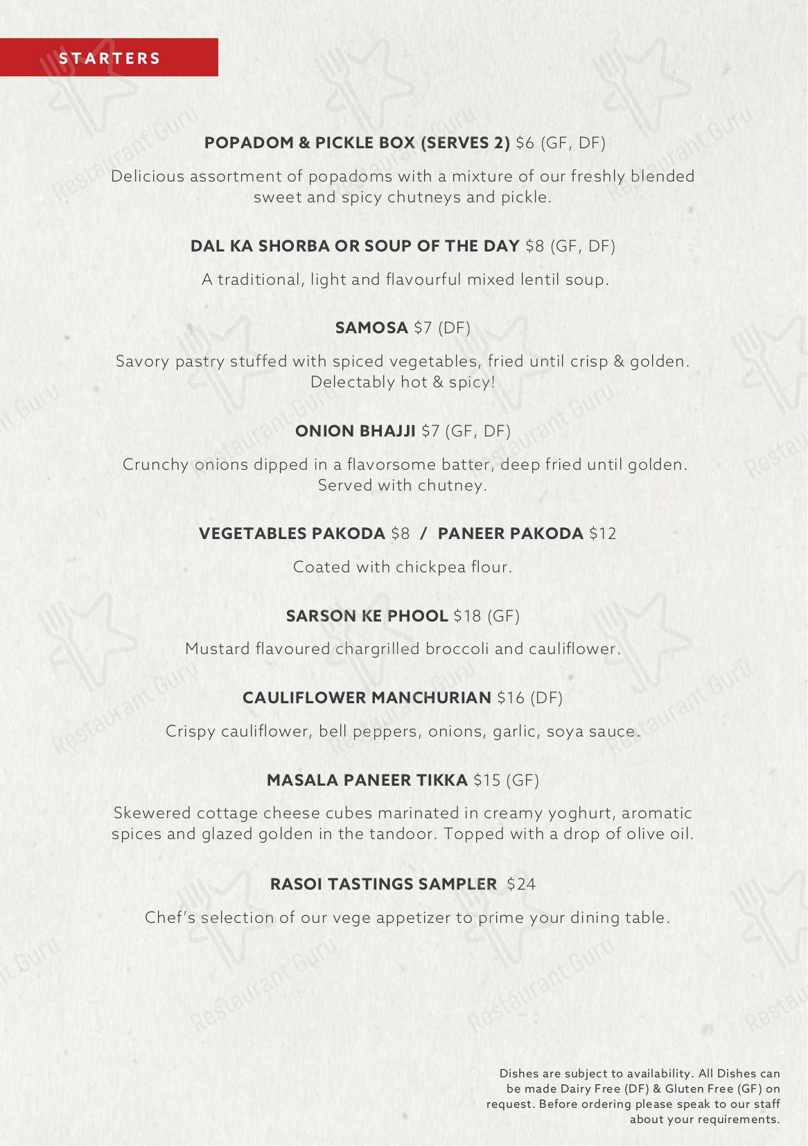 Menu at Rasoi restaurant, Napier