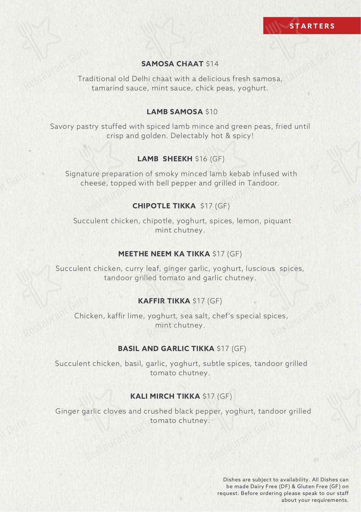 Menu at Rasoi restaurant, Napier