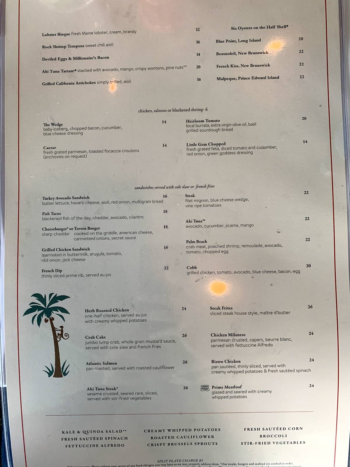 Menu at the River House restaurant, Palm Beach Gardens, PGA Boulevard