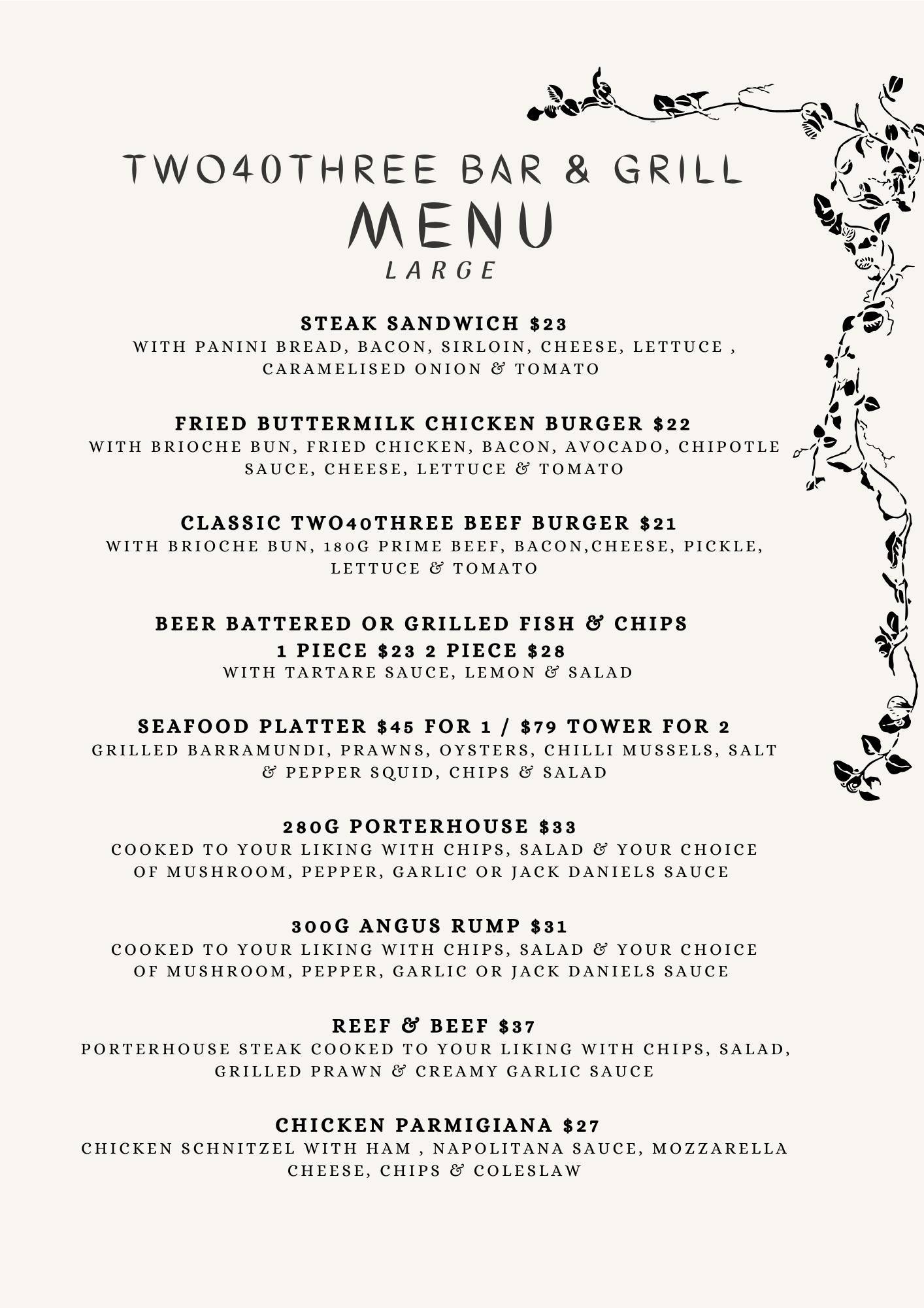 Menu at two40three Bar & Grill, Morley