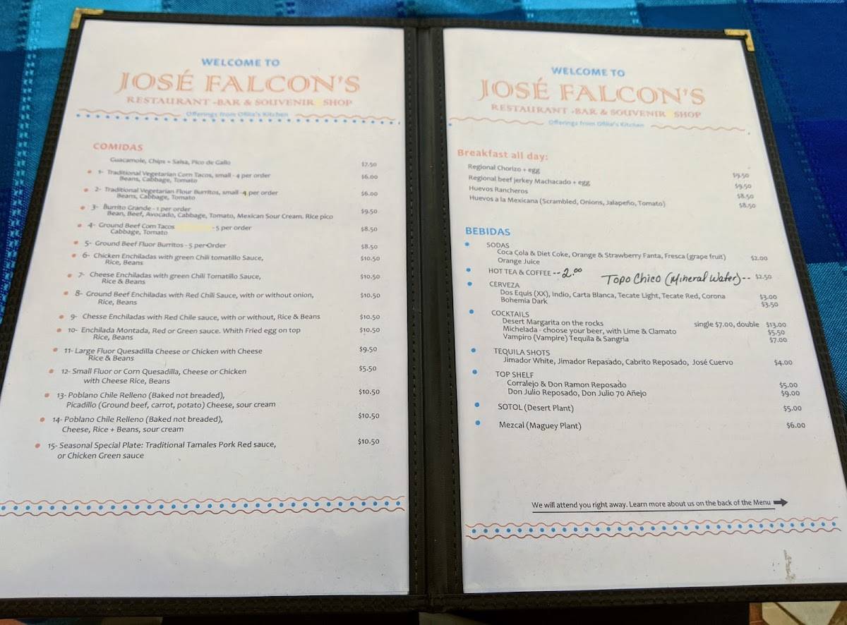 Menu at Jose Falcon's Restaurant & Bar, Boquillas del Carmen