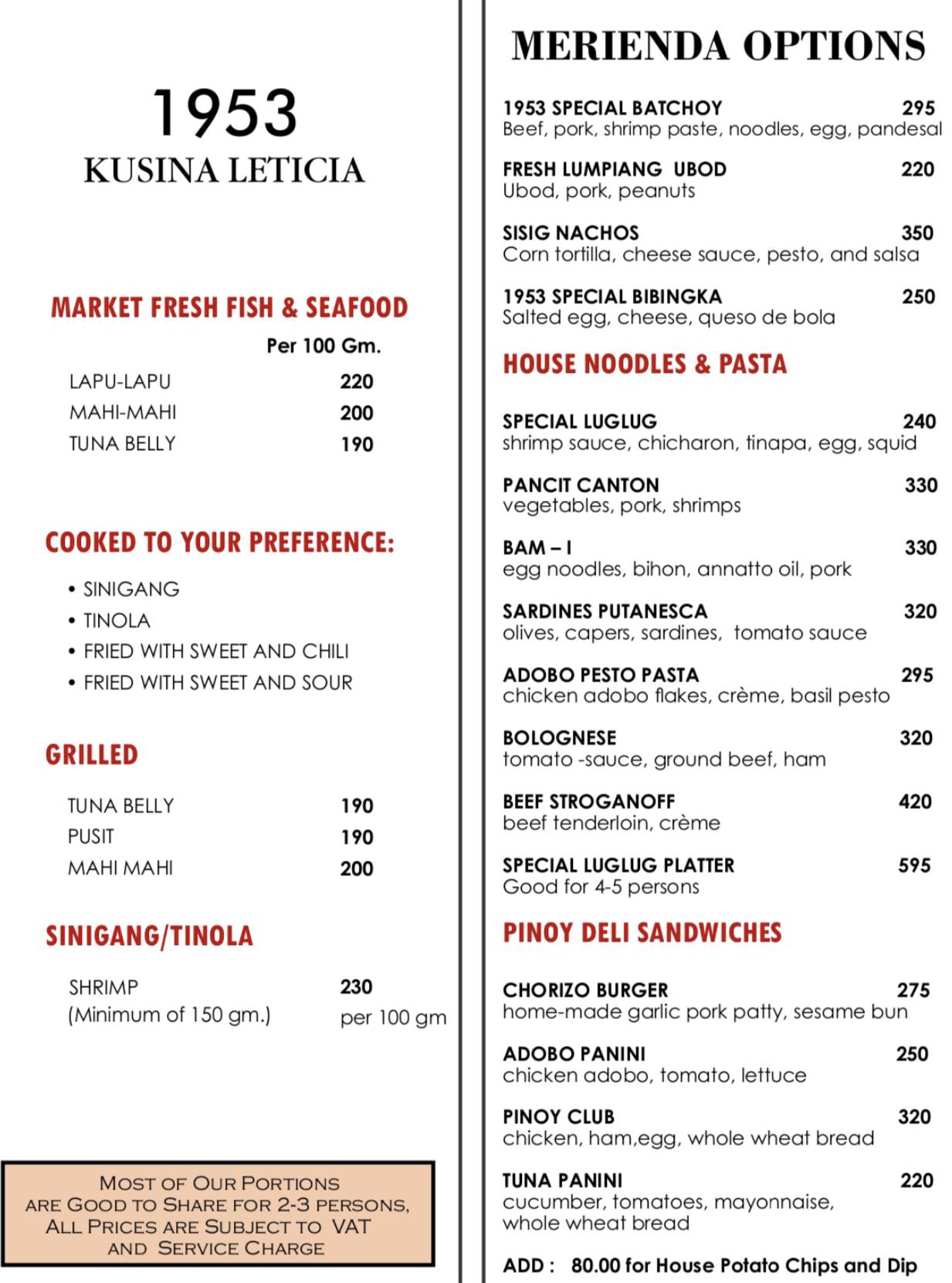 Menu at 1953 Kusina Leticia restaurant, Davao City, 10 Juna Ave