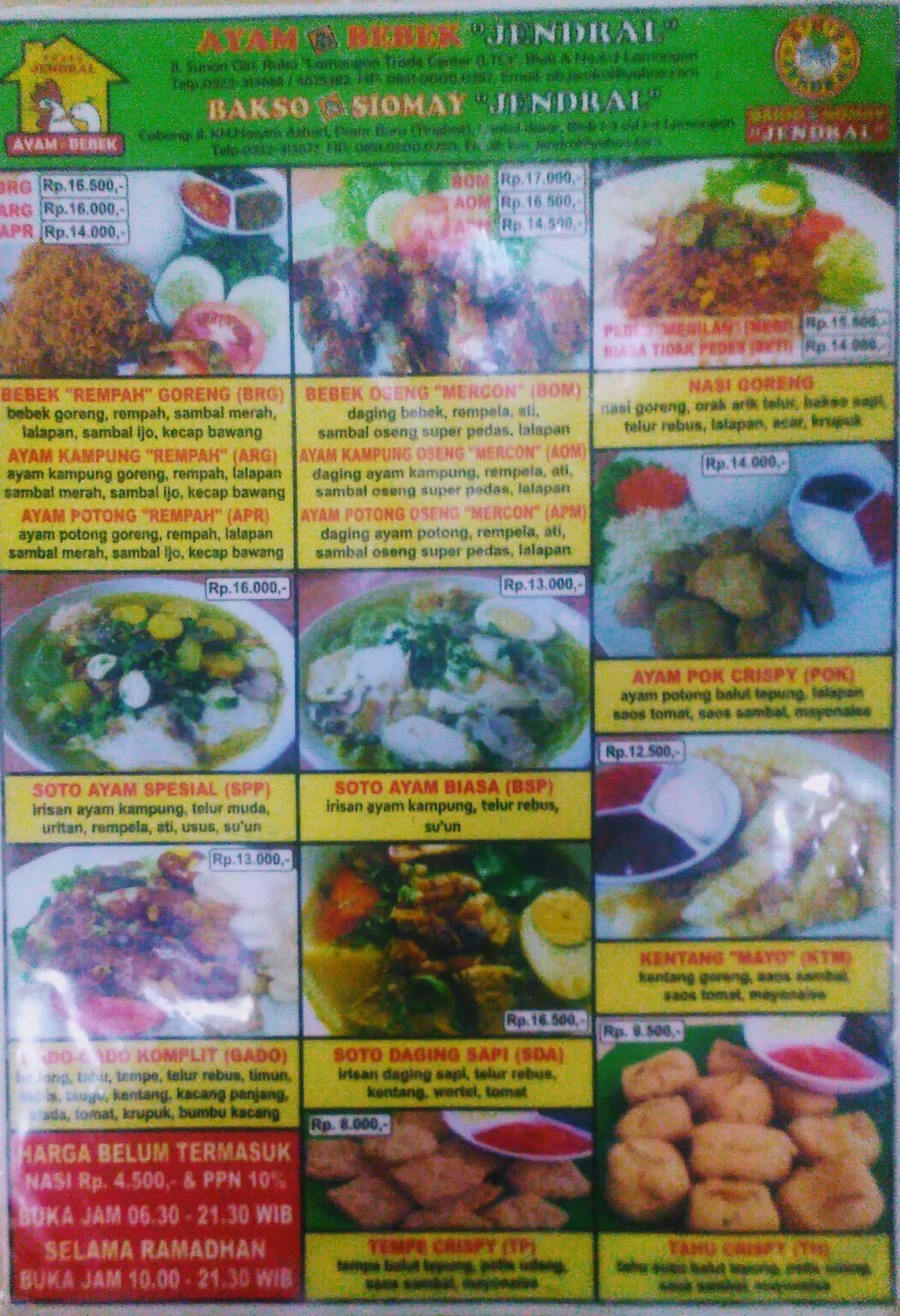 Menu at AYAM & BEBEK "JENDRAL" restaurant, Banjarmendalan
