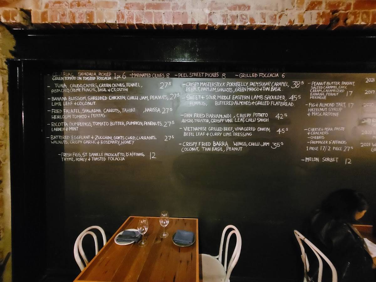 Menu at Peel St restaurant, Adelaide