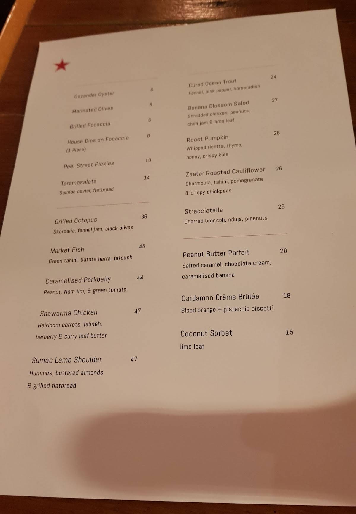 Menu at Peel St restaurant, Adelaide