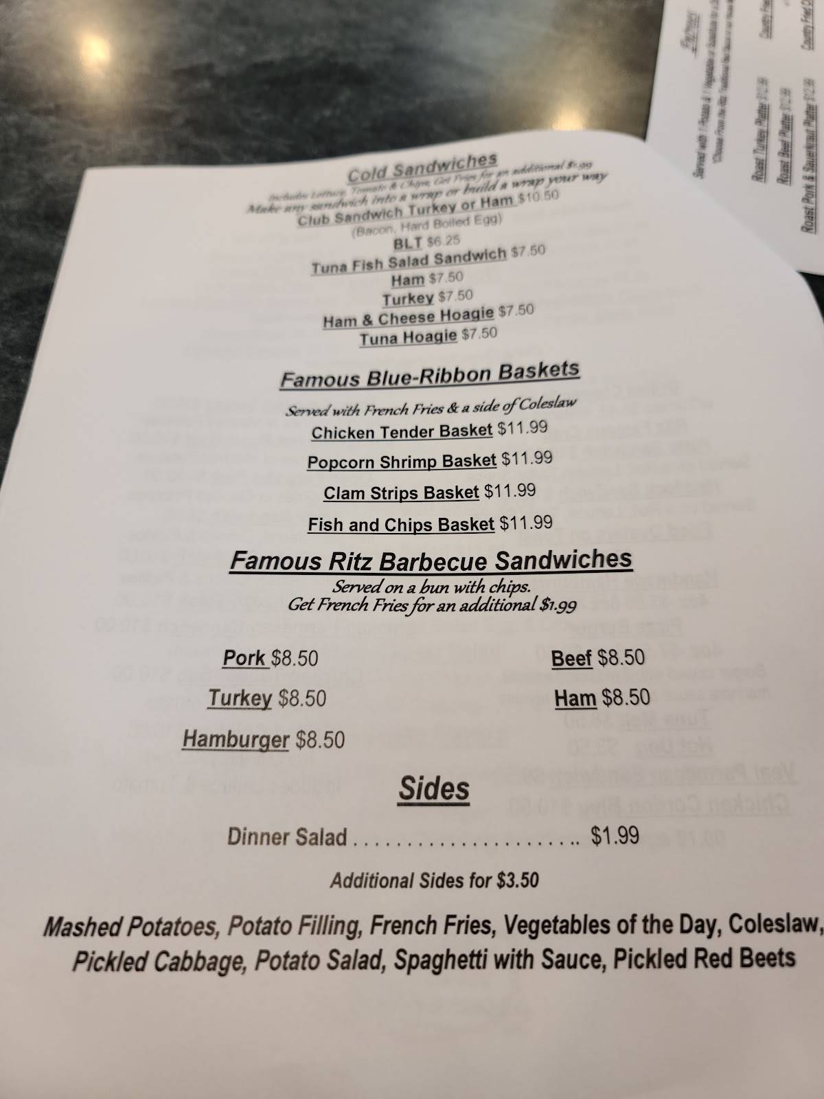 Menu at Ritz Barbecue, Allentown