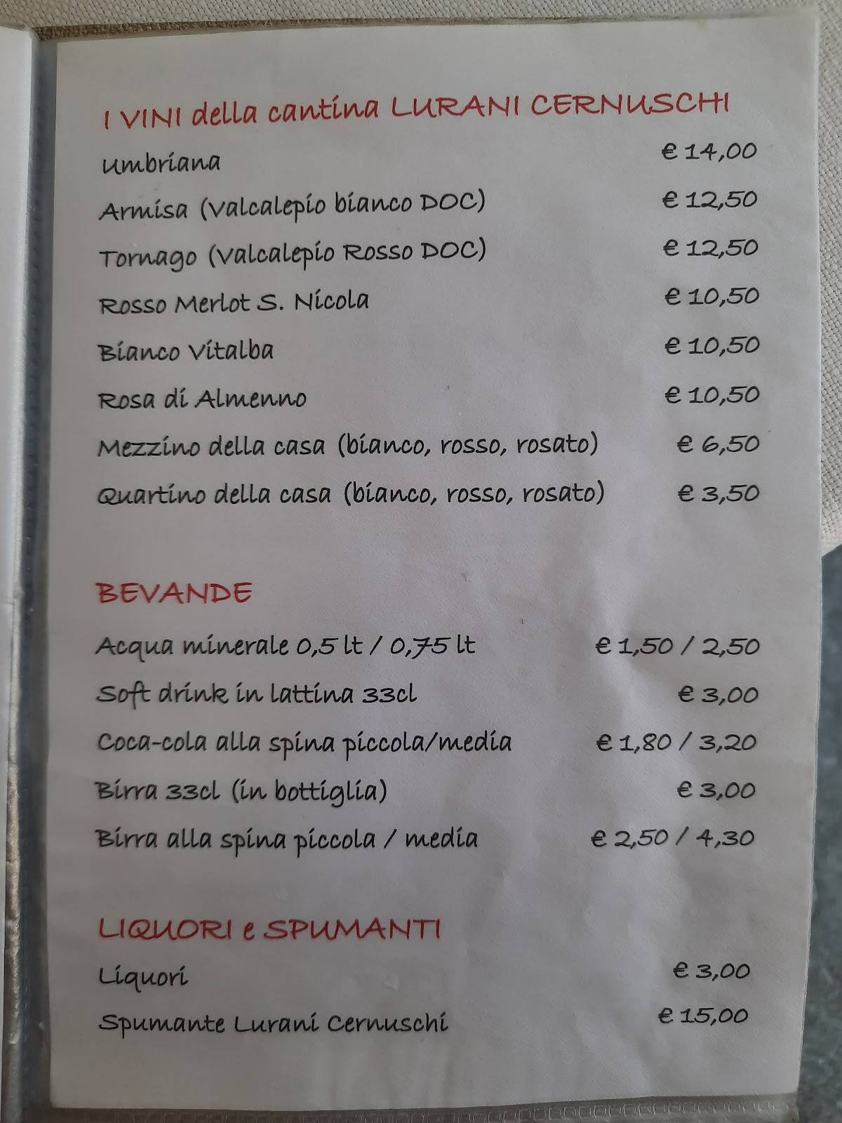 Menu da La Frasca ristorante, Almenno San Salvatore