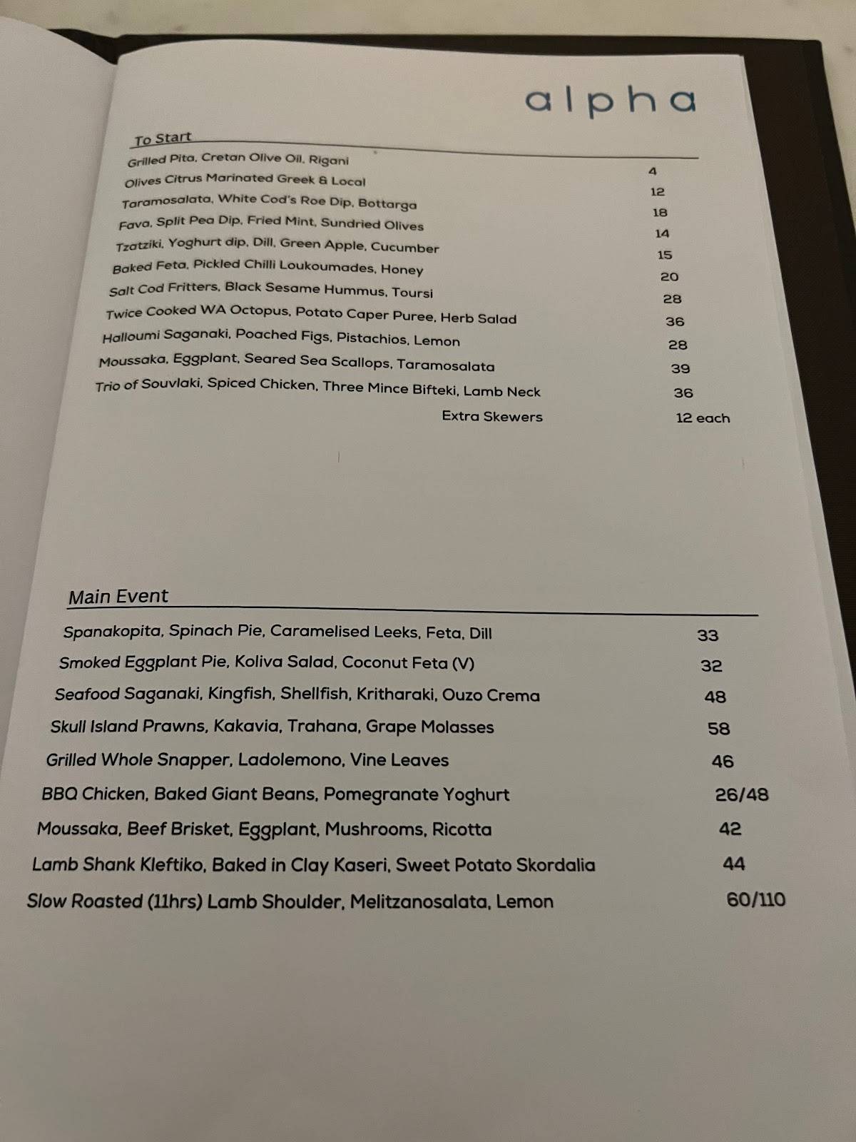Menu at Alpha Restaurant, Sydney