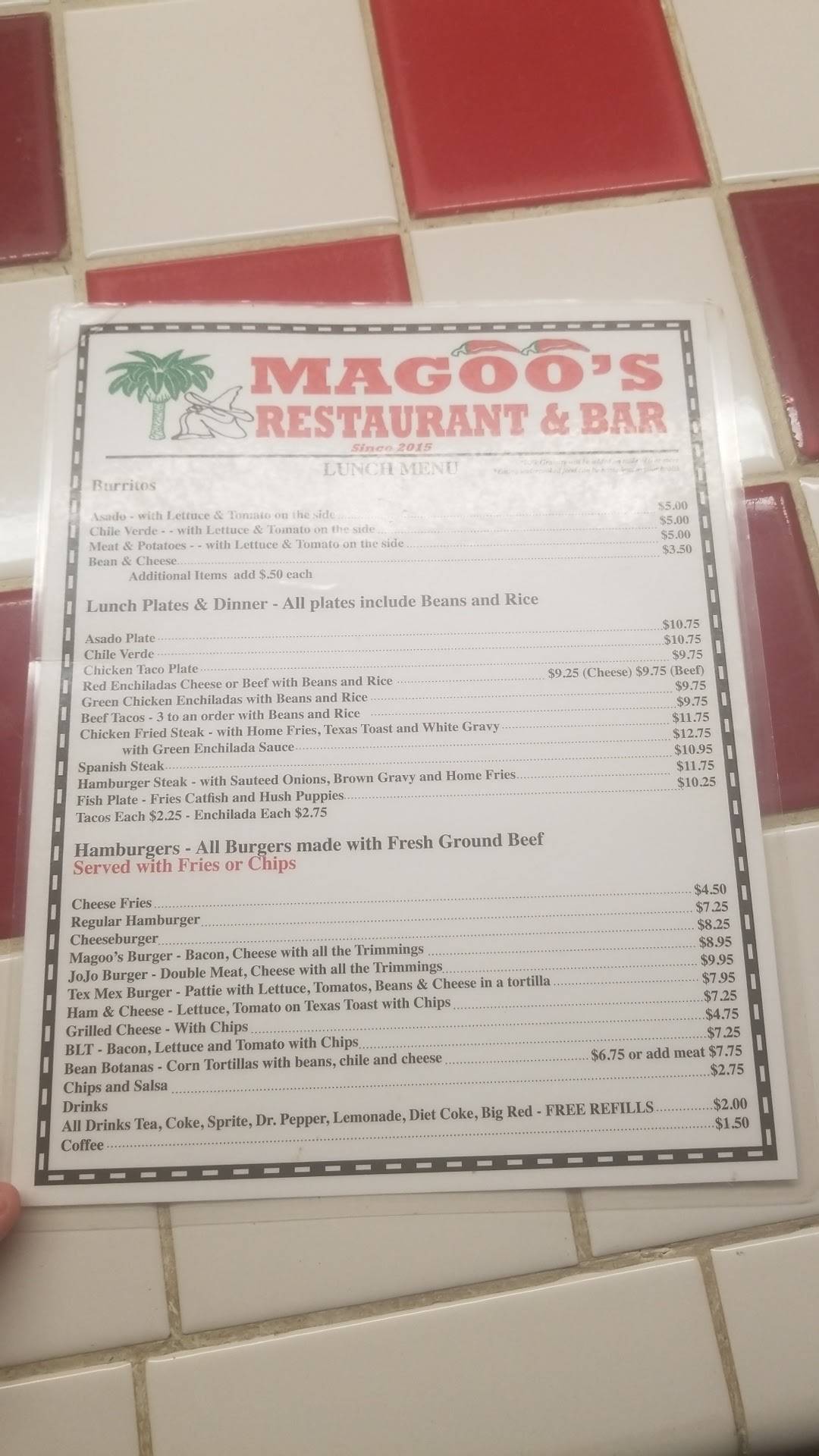 Menu at Magoo's Place restaurant, Alpine