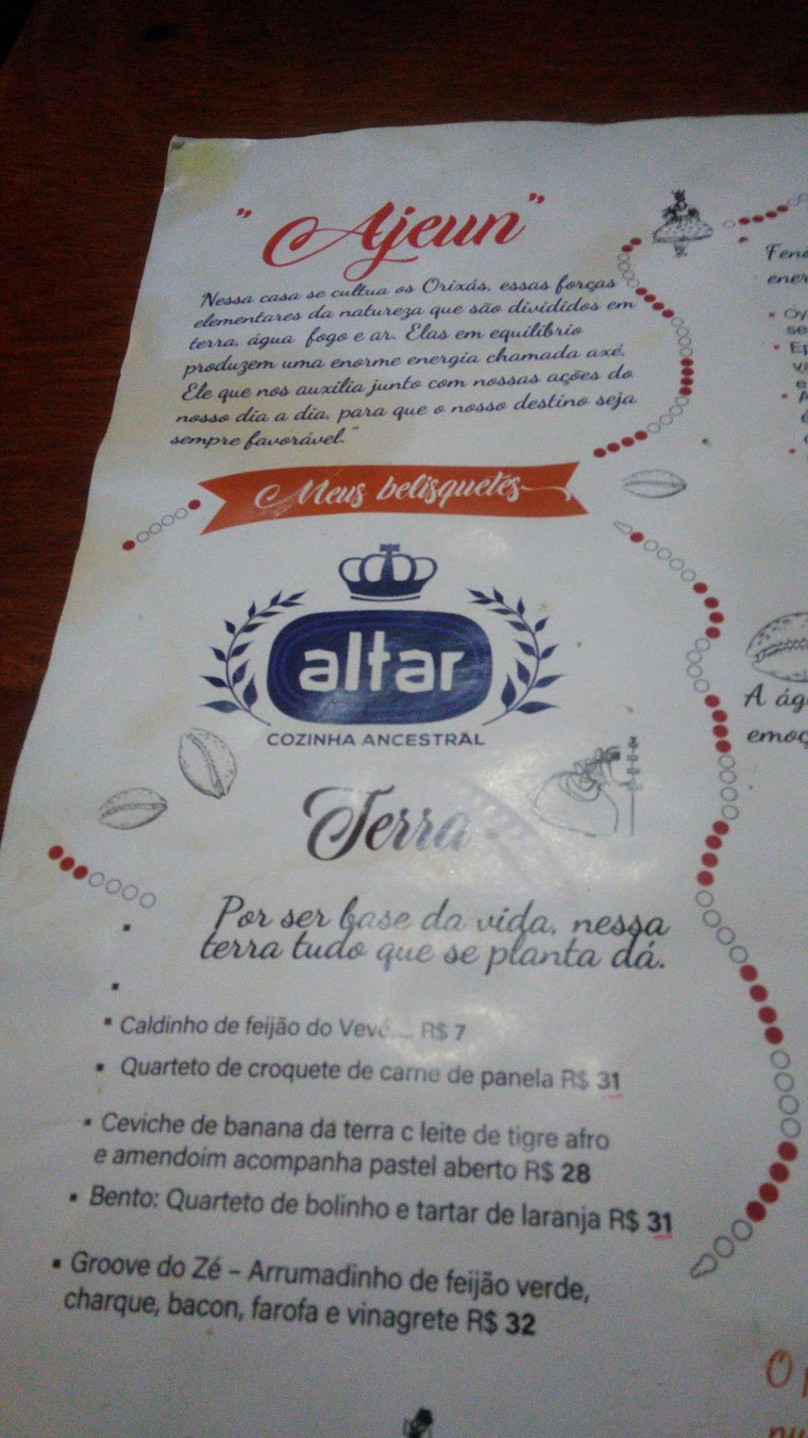 Menu em Altar Cozinha Ancestral - Recife restaurante, Recife