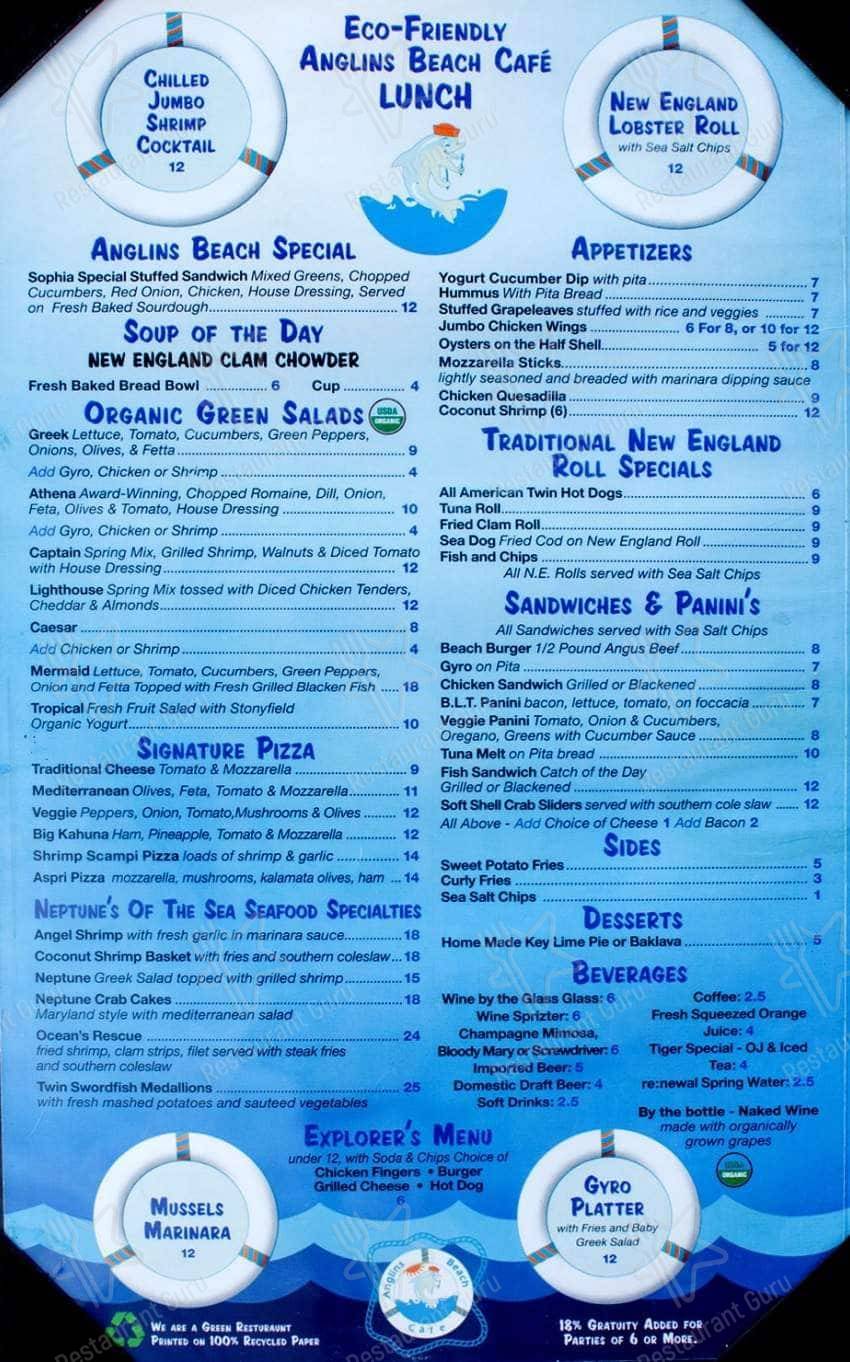 Menu at Anglins beach cafe, Lauderdale-by-the-Sea, 2 Commercial Blvd