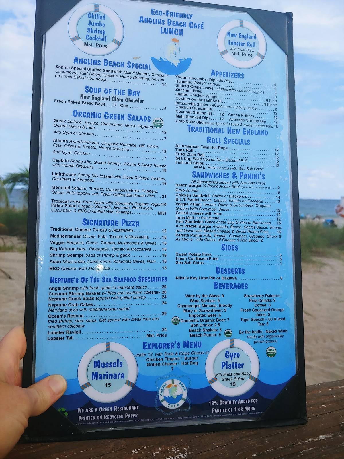 Menu at Anglins beach cafe, Lauderdale-by-the-Sea, 2 Commercial Blvd