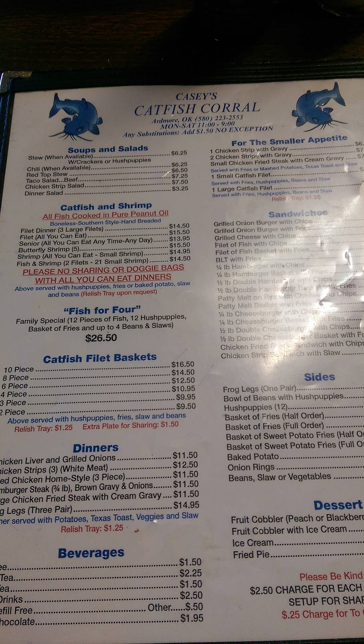 Menu at Casey's Catfish Corral restaurant, Ardmore