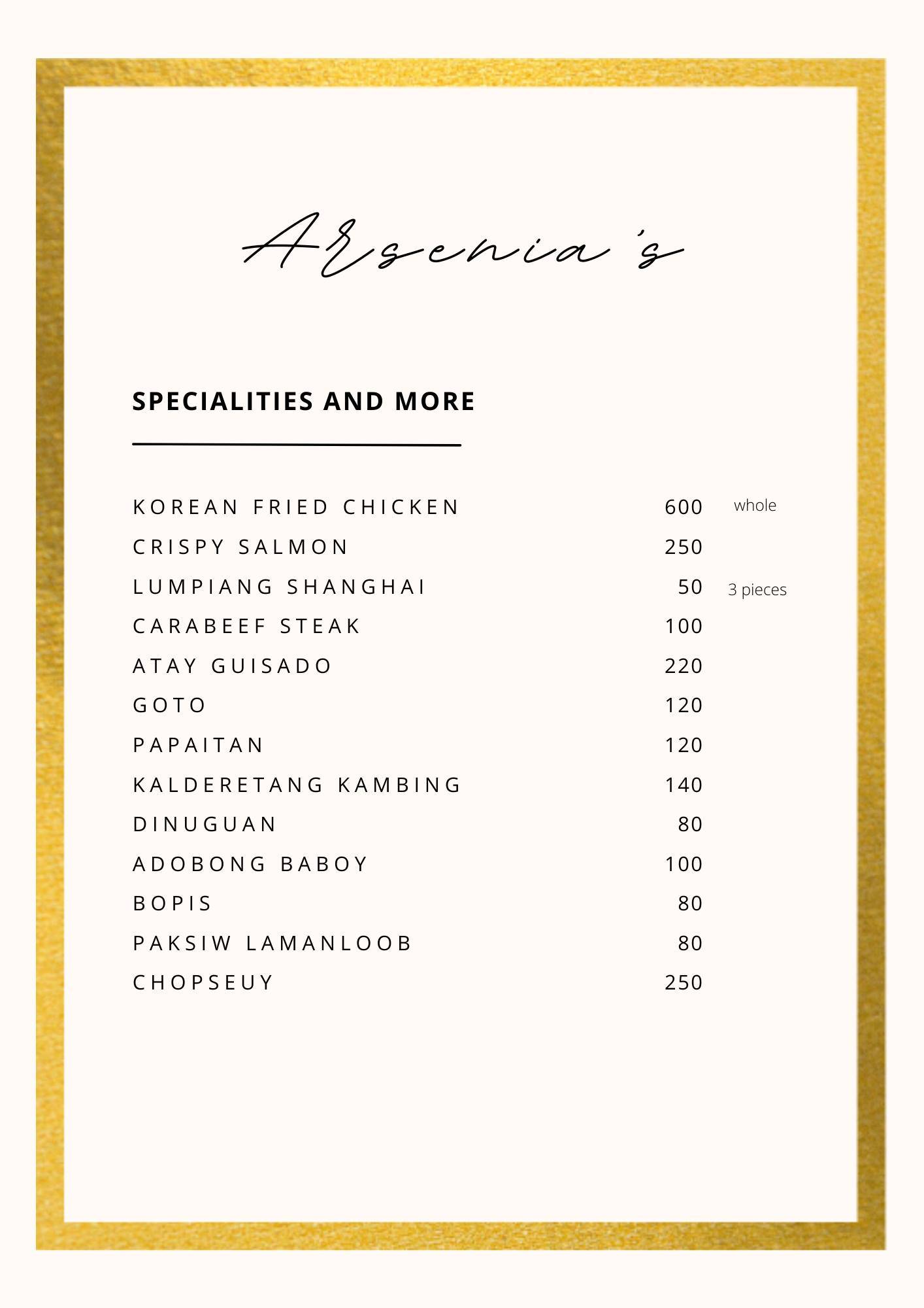 Menu at Arsenia's Hapagkainan Sa Kabukiran restaurant, Calapan