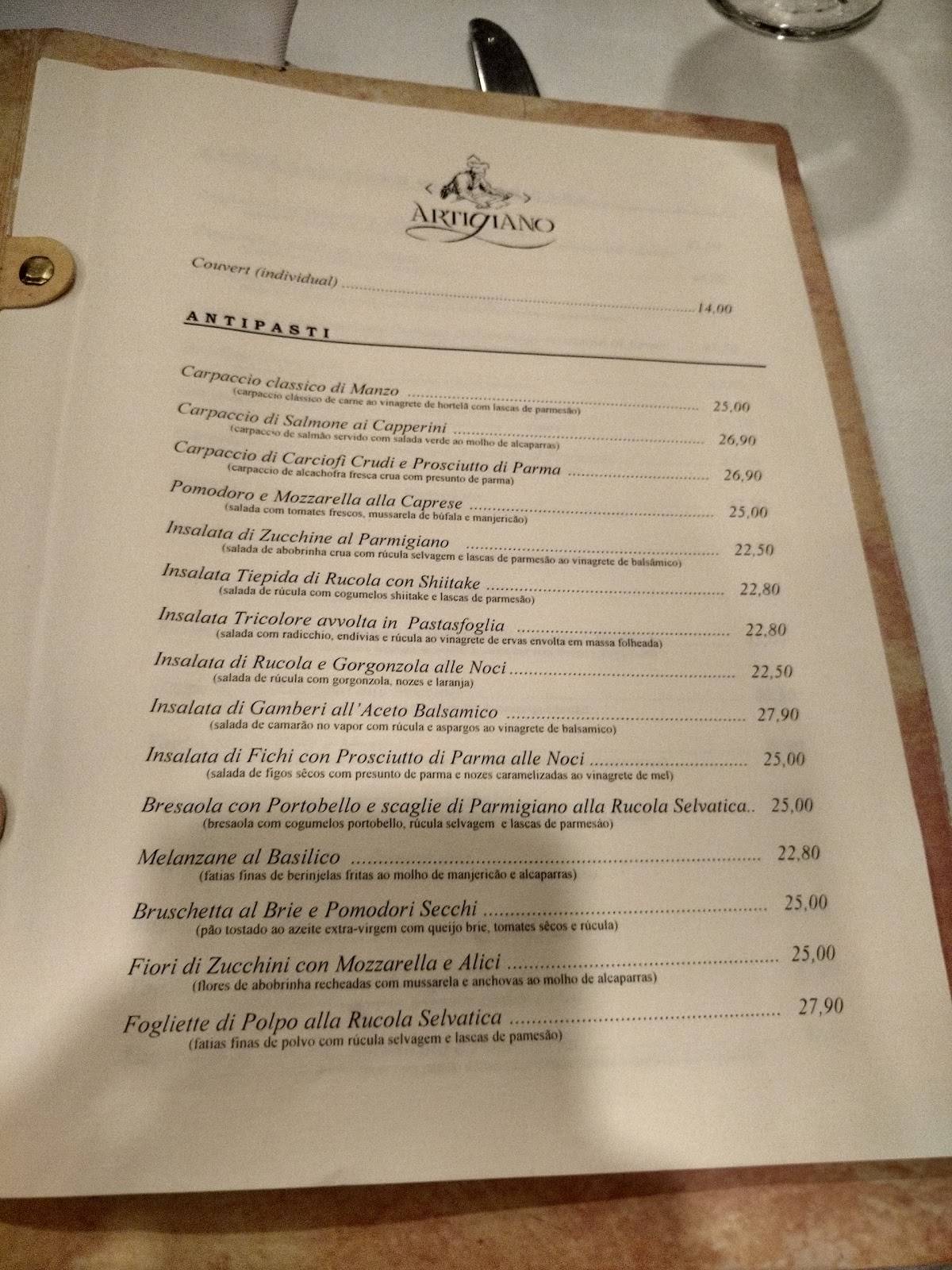 Menu em Artigiano Ristorante restaurante, Rio de Janeiro