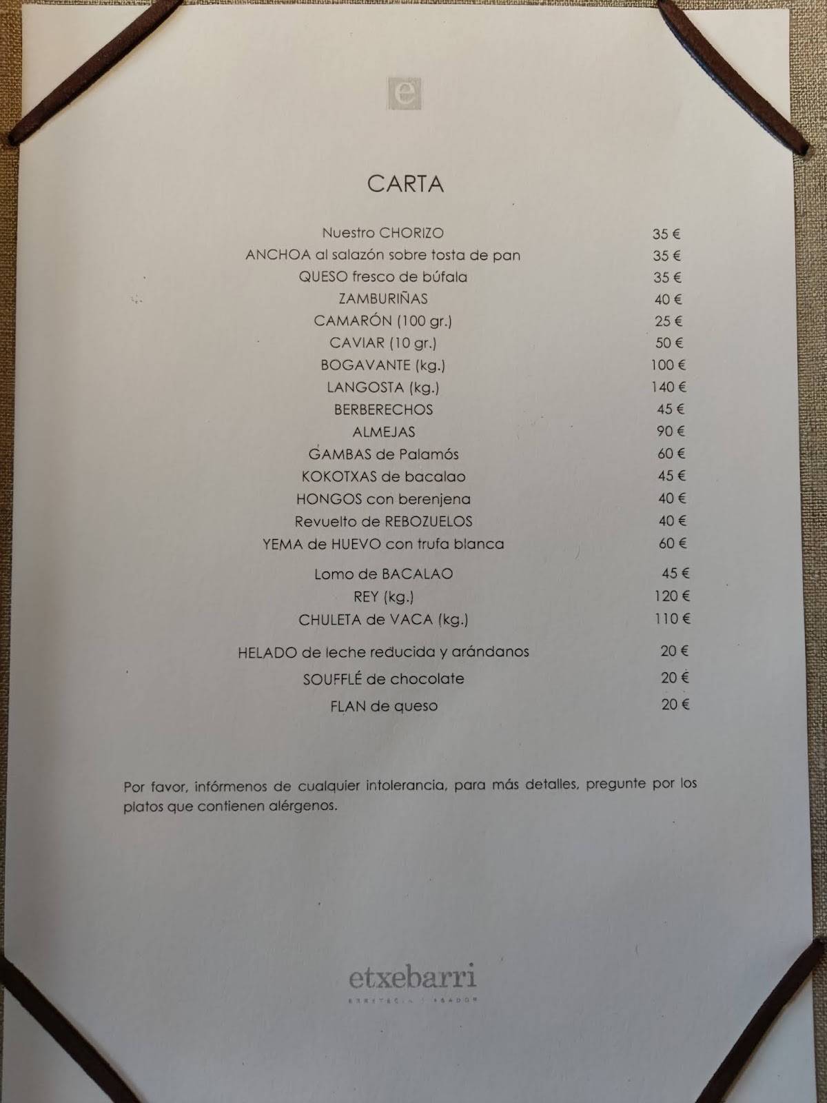 Carta de Asador Etxebarri, Axpe
