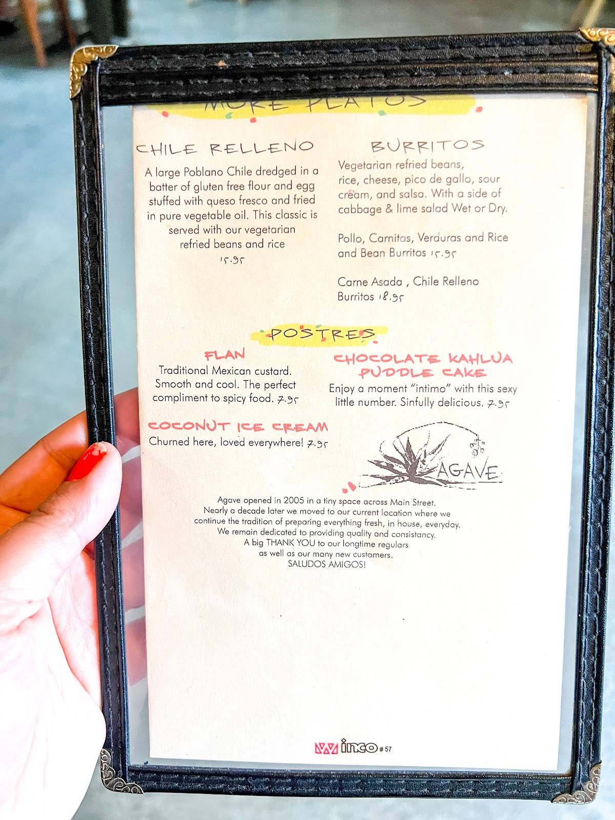 Menu at Agave restaurant, Ashland, 5 Granite St