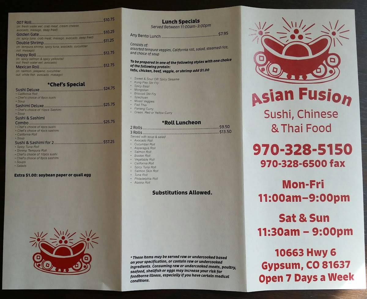 Menu at Asian Fusion restaurant, Gypsum