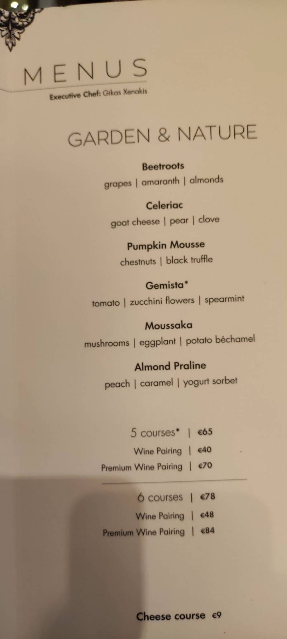 Menu at Aleria Restaurant, Athens