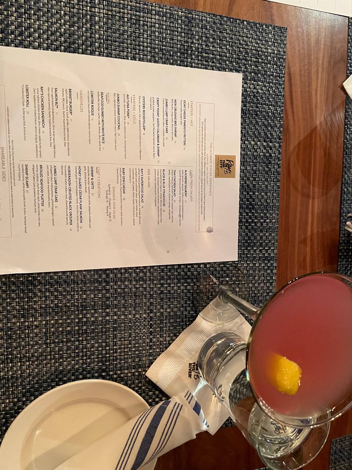 Menu at Ray's In the City restaurant, Atlanta, 240 Peachtree St