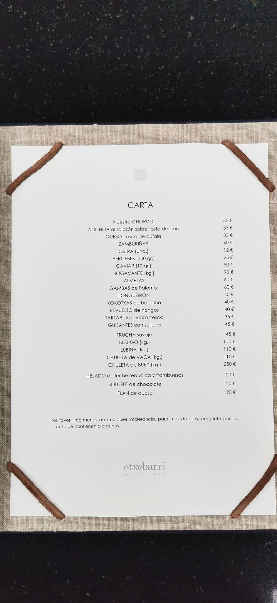 Menu at Asador Etxebarri, Axpe