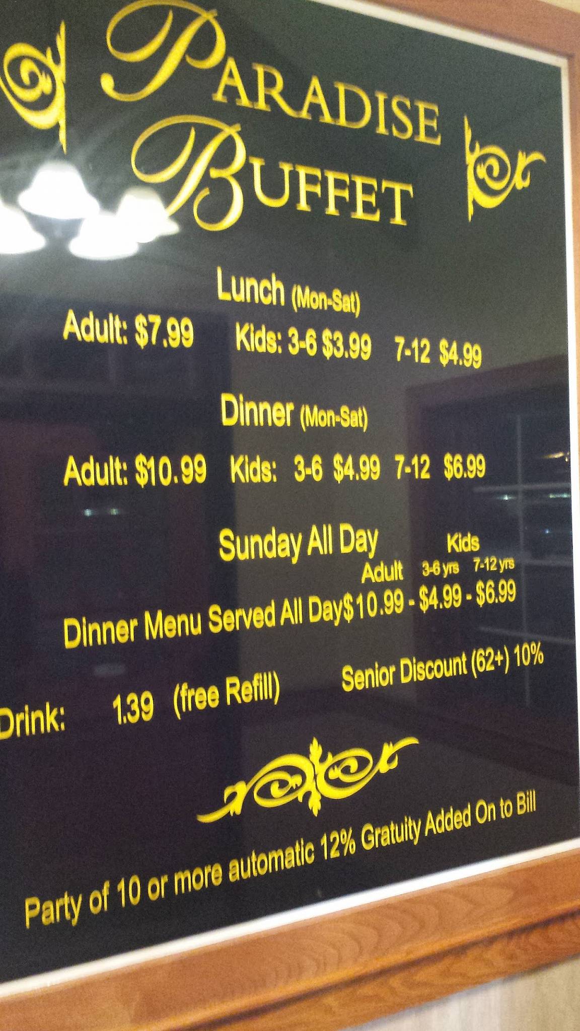 Menu at Paradise Buffet restaurant, Auburn