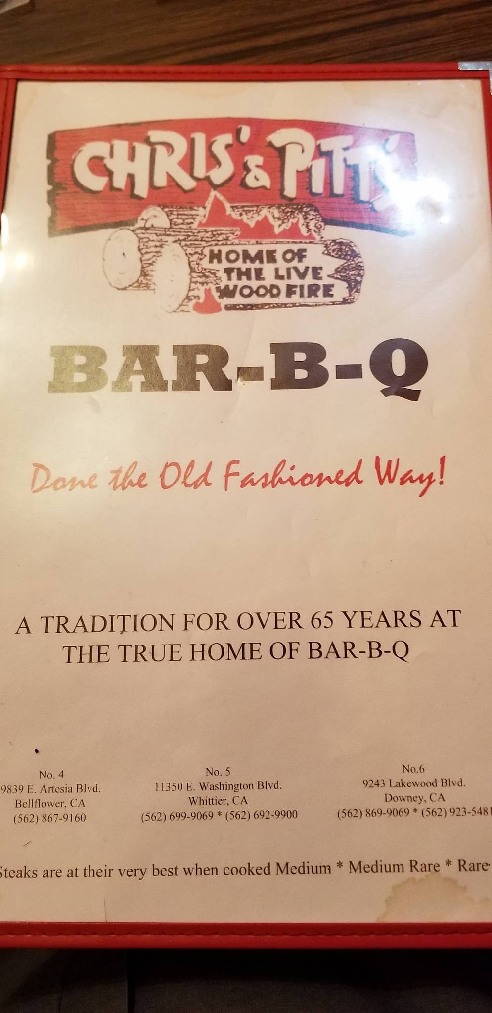 Menu at Chris & Pitts BBQ Restaurant, Downey