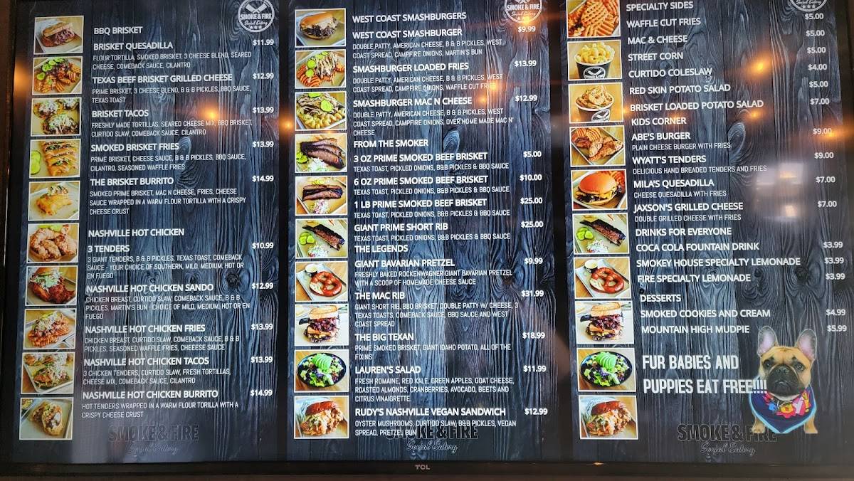 Menu at Smoke and Fire Social Eatery BBQ, Riverside