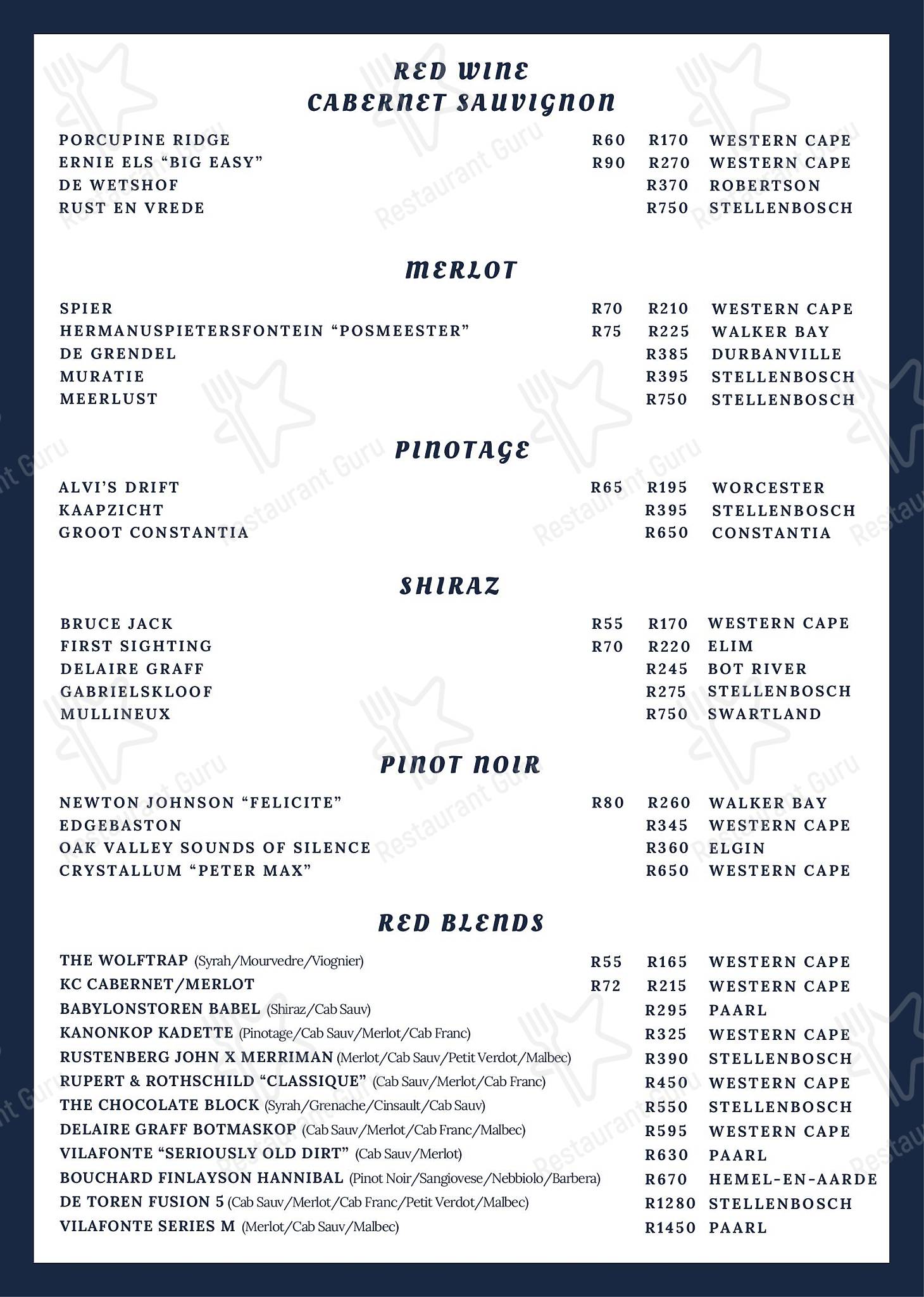 Menu at BELLAGIO restaurant, Johannesburg, Unit 1