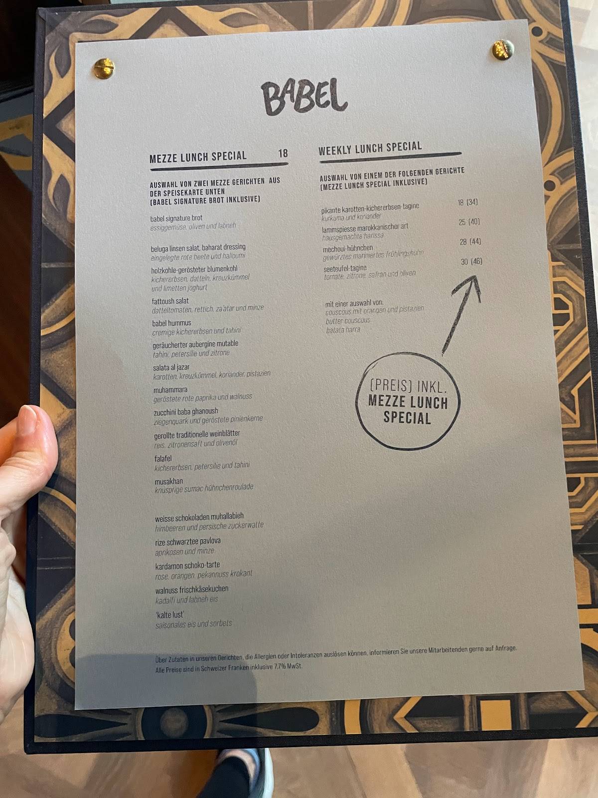 Speisekarte von Babel Restaurant, Zürich