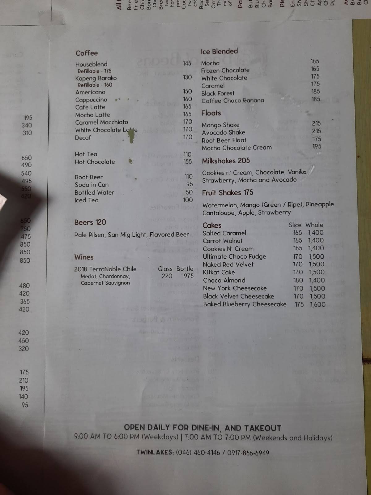 Menu at Bag of Beans, Twin Lakes restaurant, Laurel, 3V94+FP6
